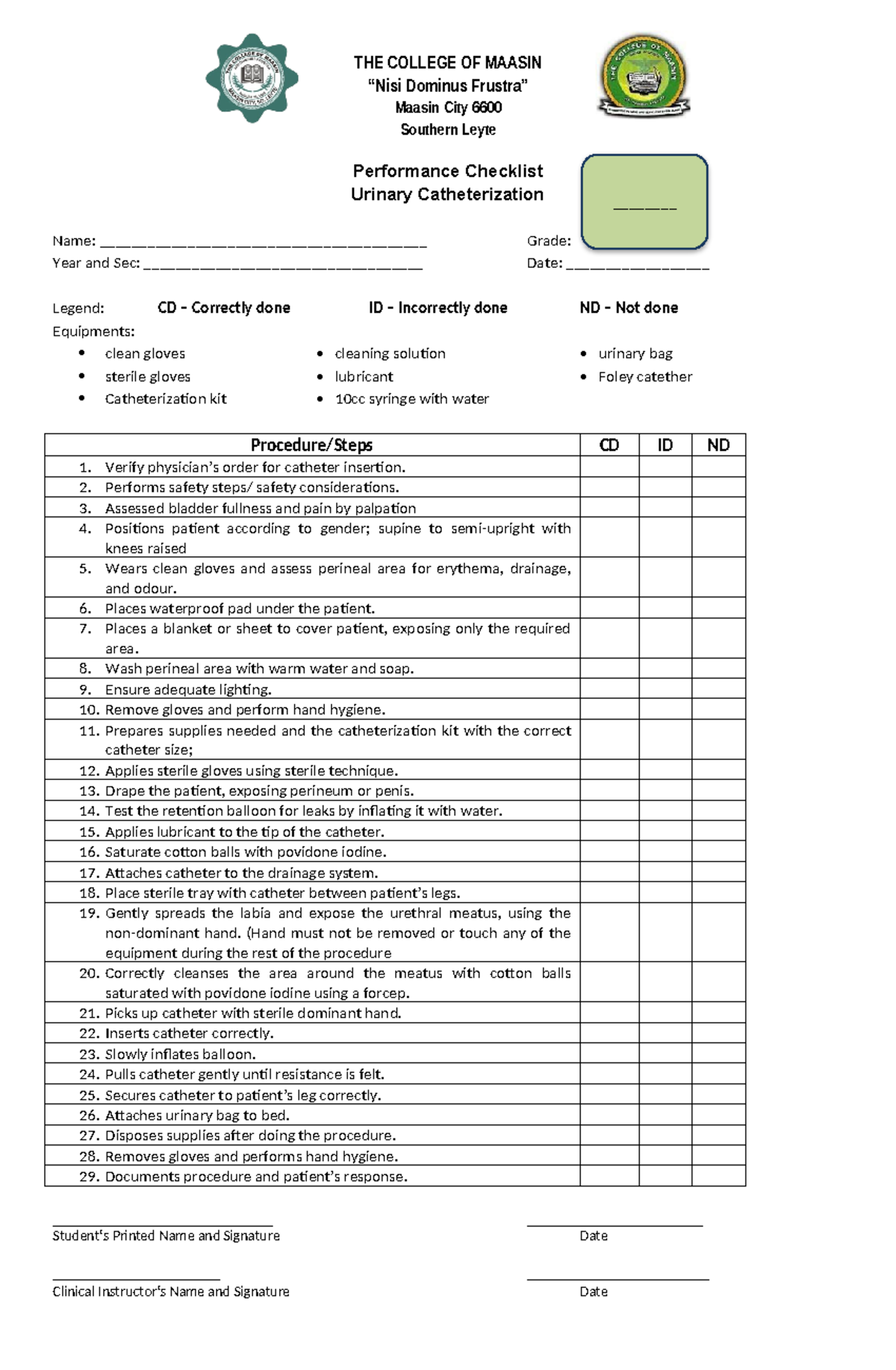 Performance-Checklist-Catheterization - THE COLLEGE OF MAASIN “Nisi ...