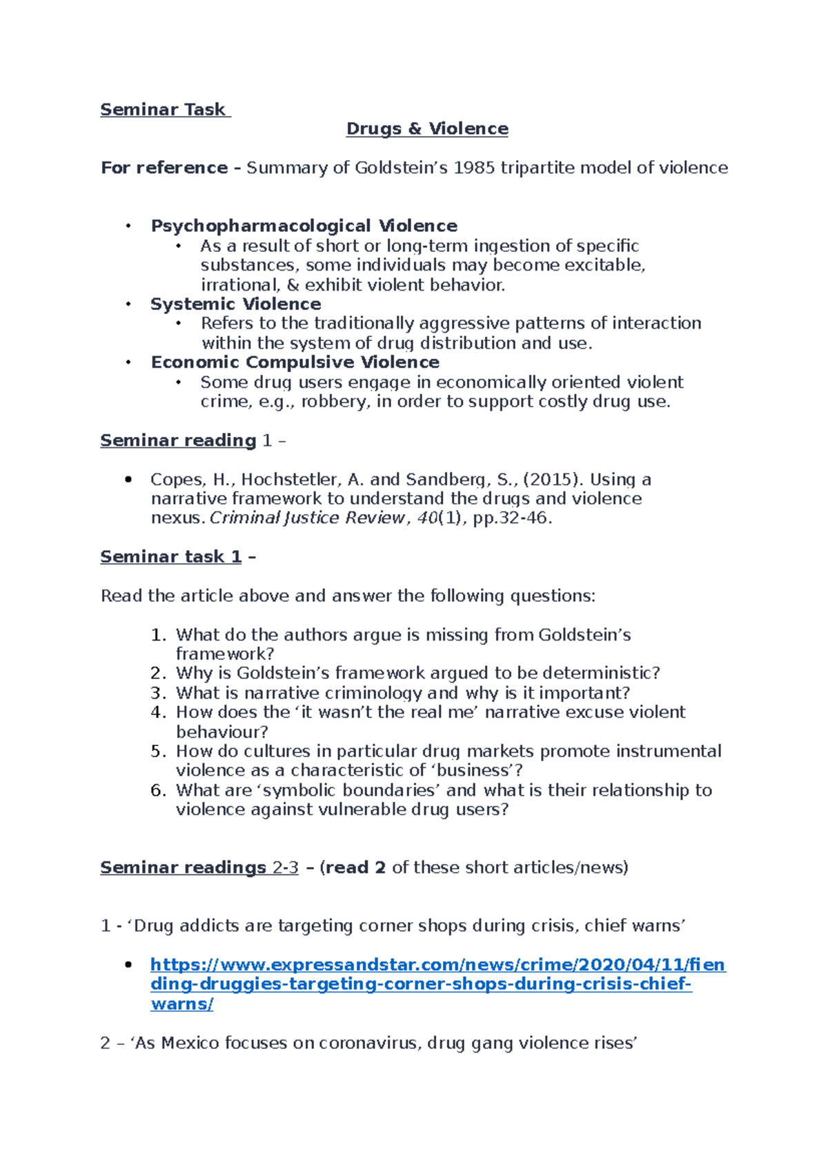 Seminar Task - Drugs Violence copy - Seminar Task Drugs & Violence For ...