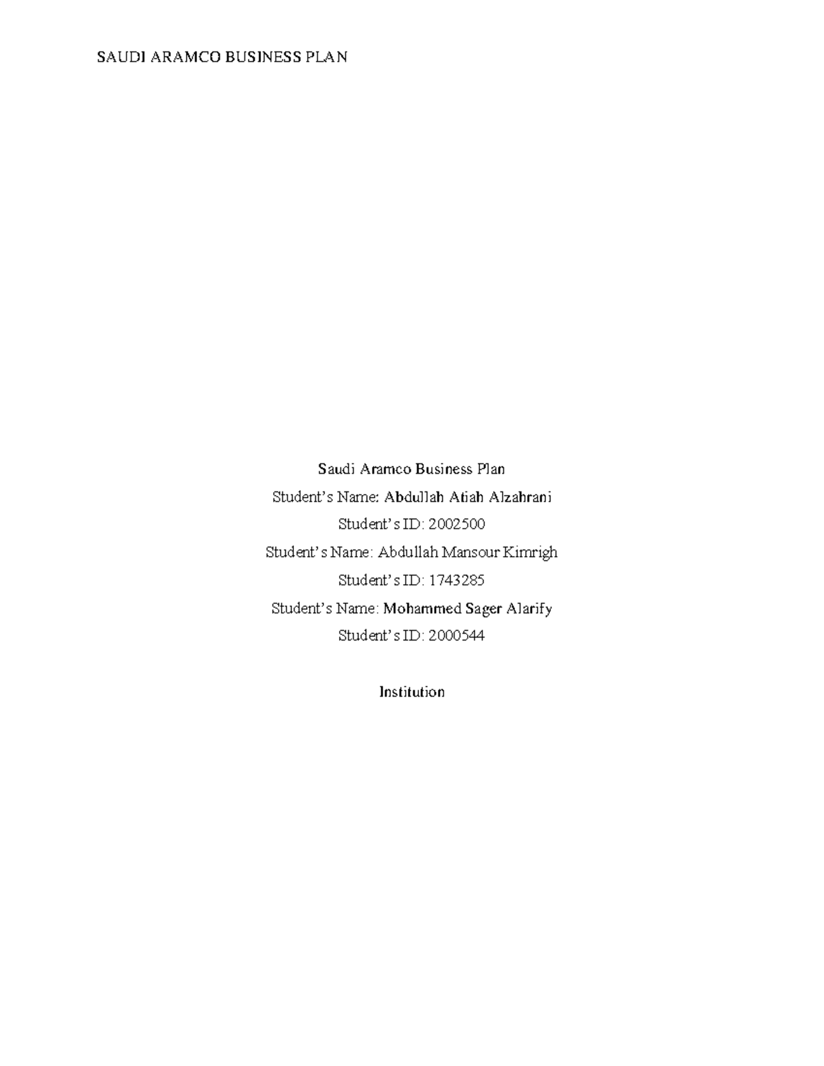 BUS 420 first draft - Saudi Aramco Business Plan - Saudi Aramco ...