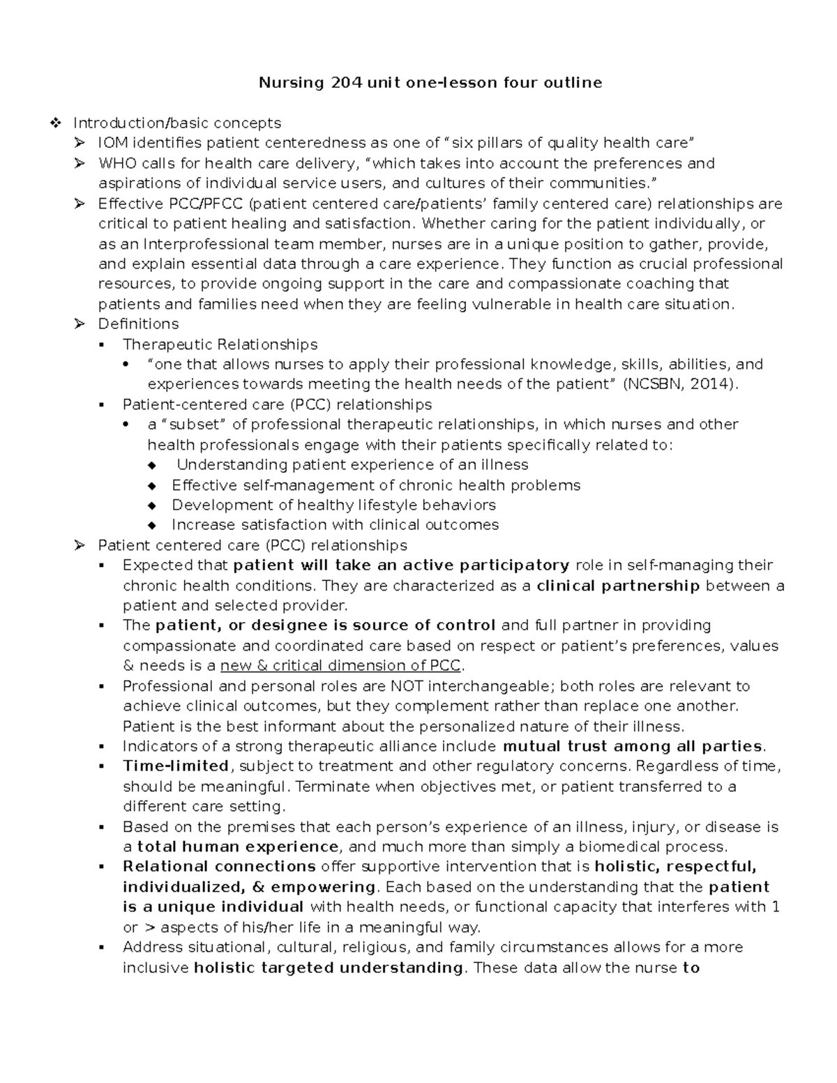Nursing 204 1.4 outline - Nursing 204 unit one-lesson four outline ...