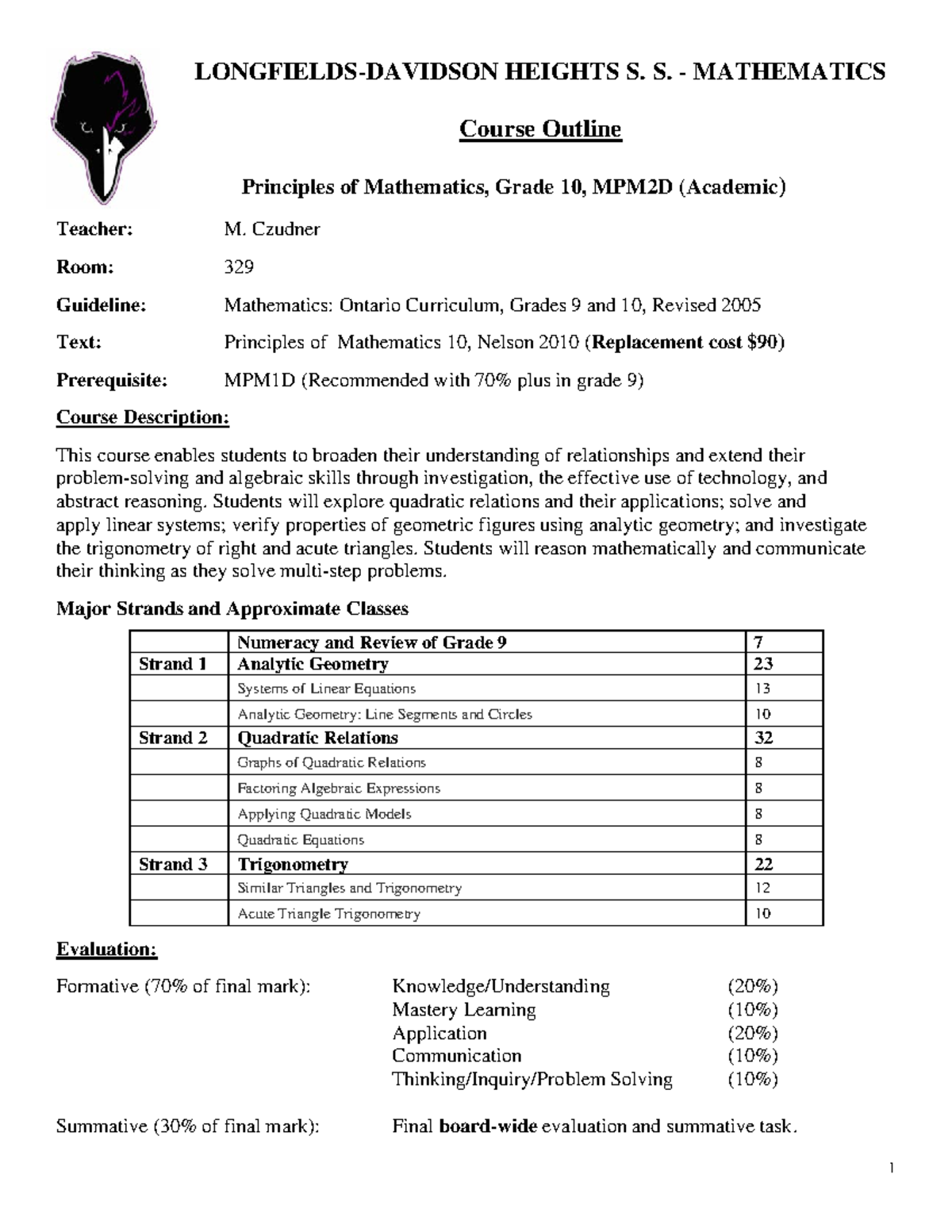 MPM2DCourse Outlineand Policy 2010 - 1 LONGFIELDS-DAVIDSON HEIGHTS S. S ...