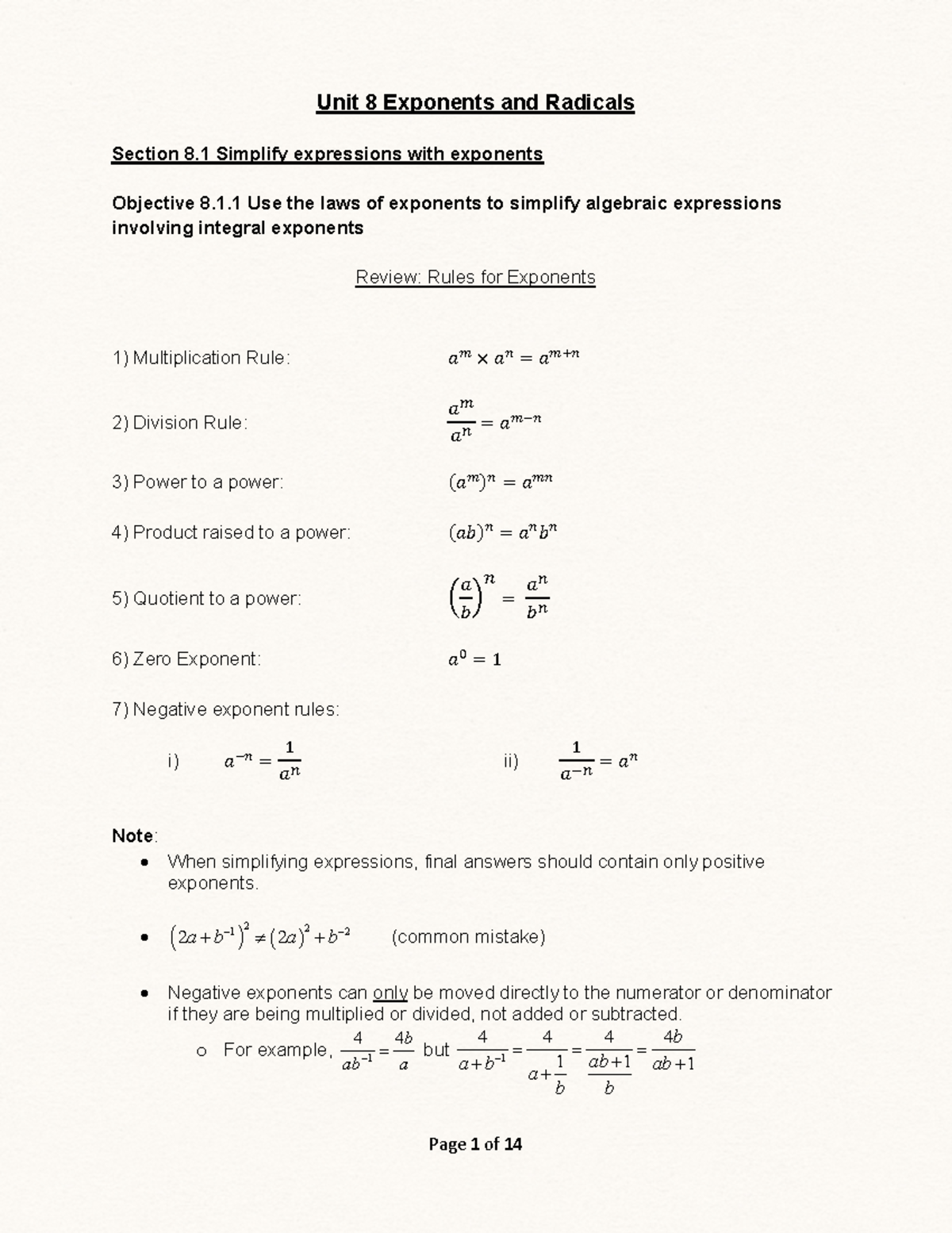 Ma1700 Notes 2 Unit 8 Exponents And Radicals Page 1 Of 14 Unit 8