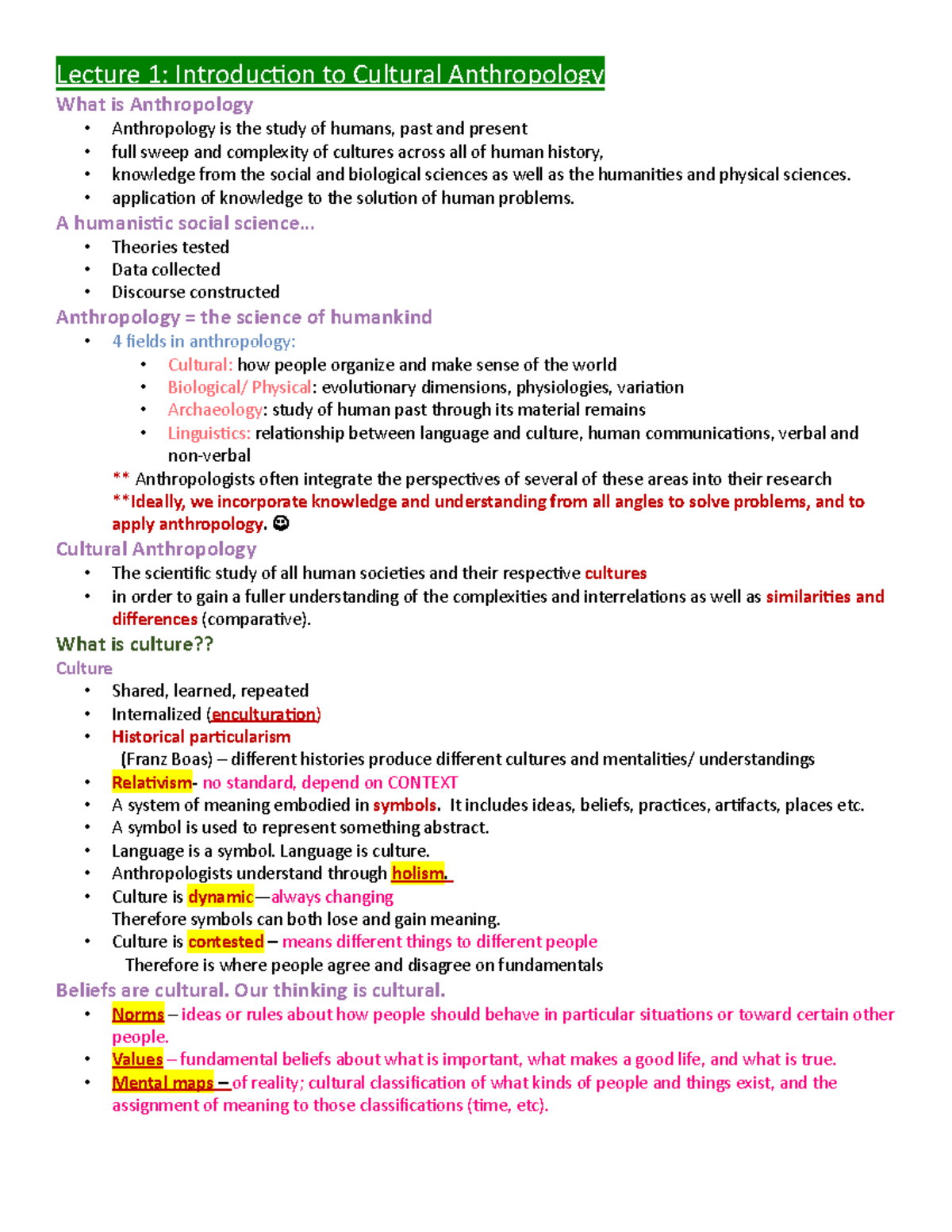 Anth Midterm 2019 Lecture Notes Lecture 1 Introduction To Cultural Anthropology What Is