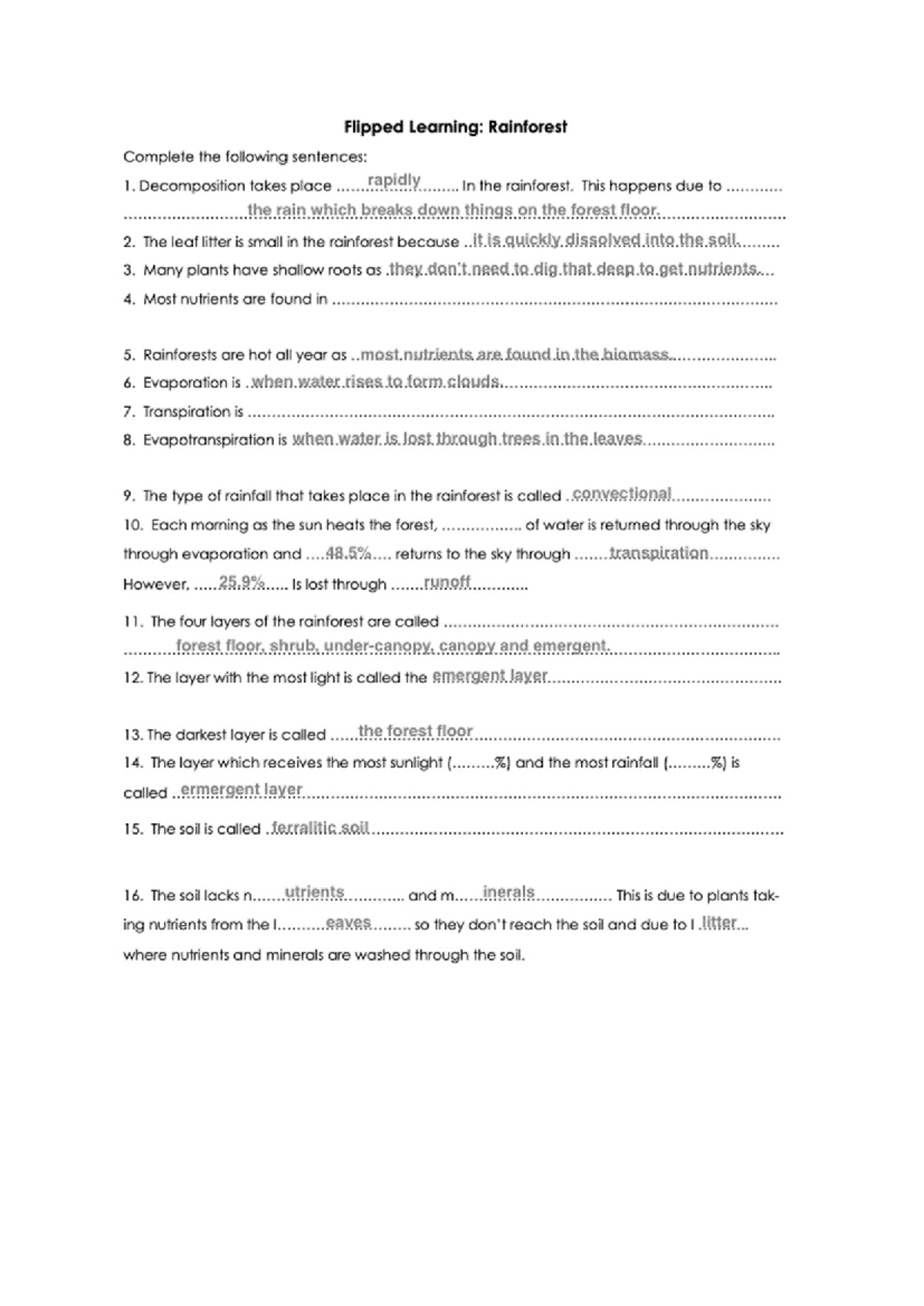 Home work - Flipped Learning: Rainforest Complete the following ...