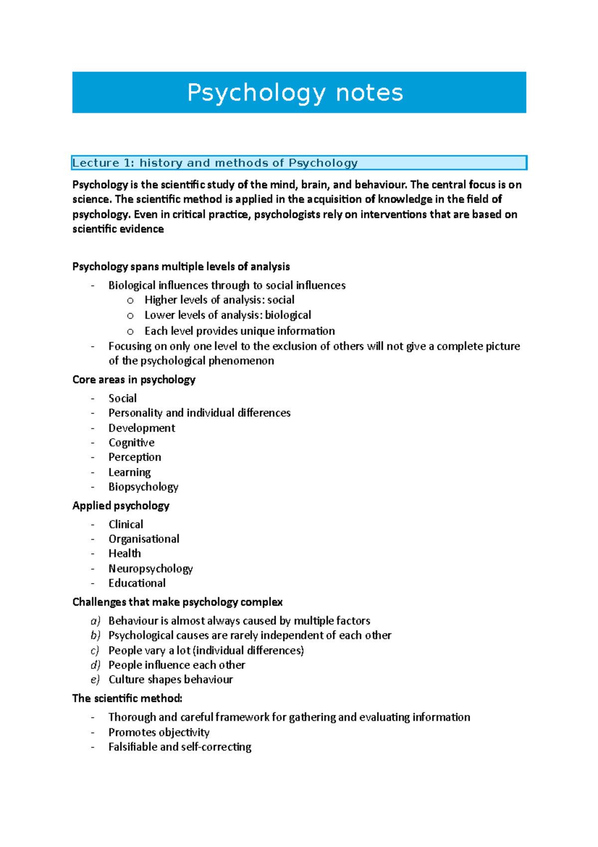 Psychology notes - Psychology notes Lecture 1: history and methods of ...