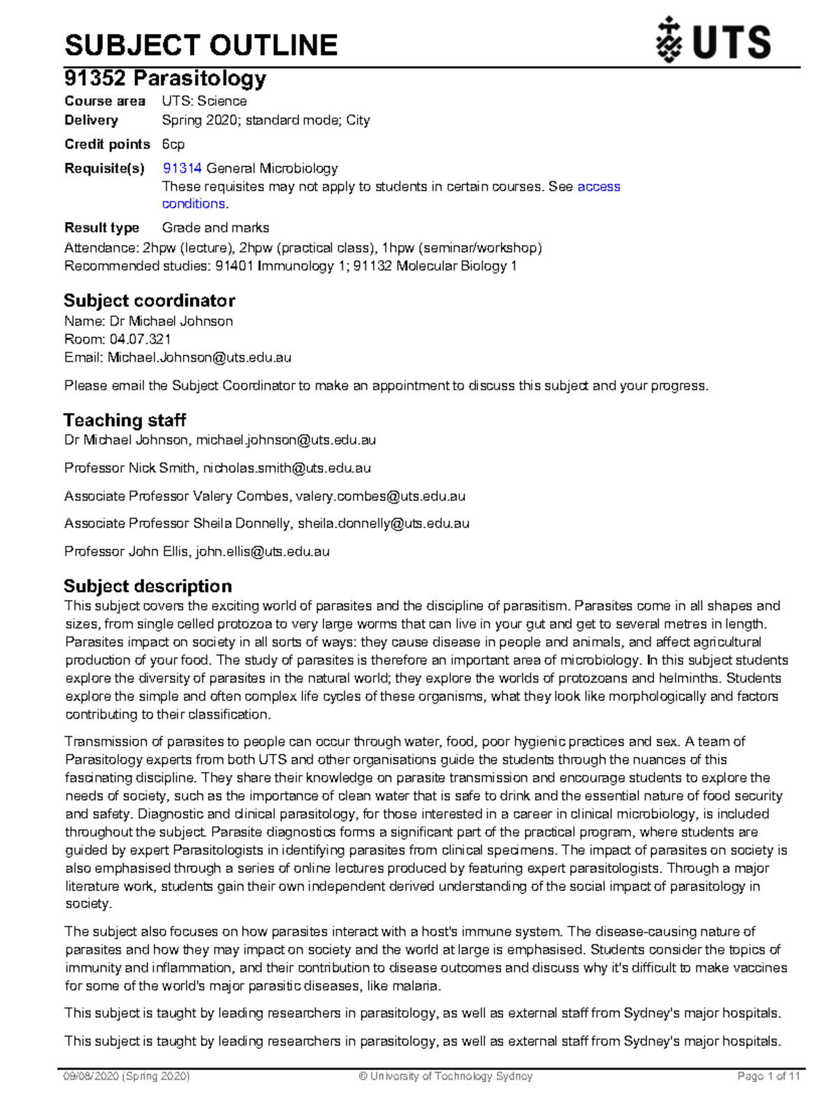 Subject Outline - SUBJECT OUTLINE 91352 Parasitology Course area UTS ...