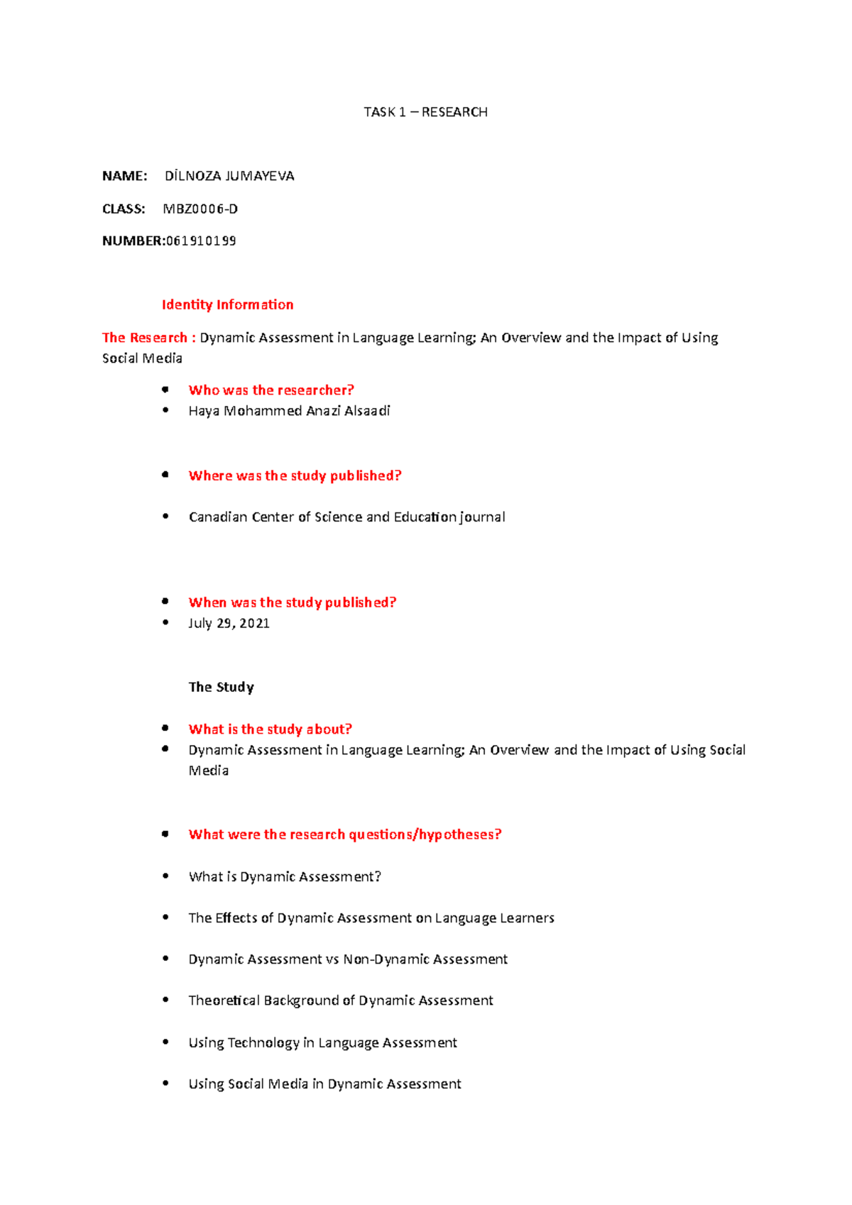 TASK 1 - TASK 1 - TASK 1 – RESEARCH NAME: DİLNOZA JUMAYEVA CLASS ...