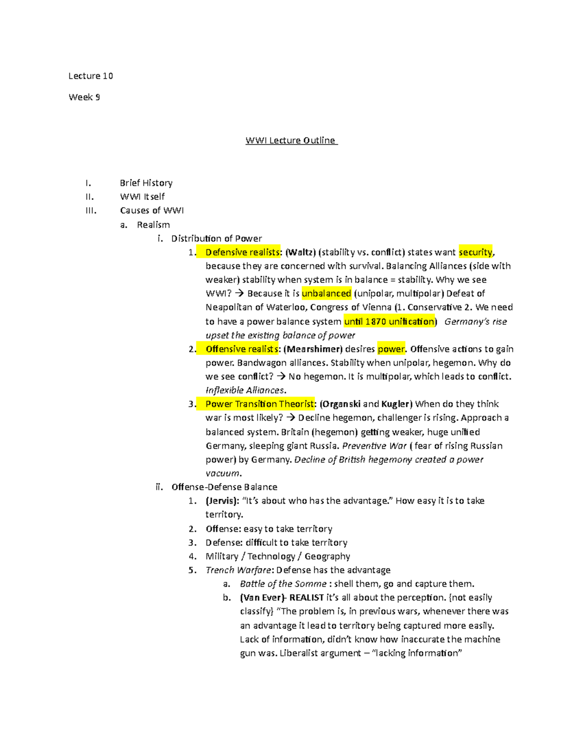 Lecture 10 - mele - Lecture 10 Week 9 WWI Lecture Outline I. II. Brief ...