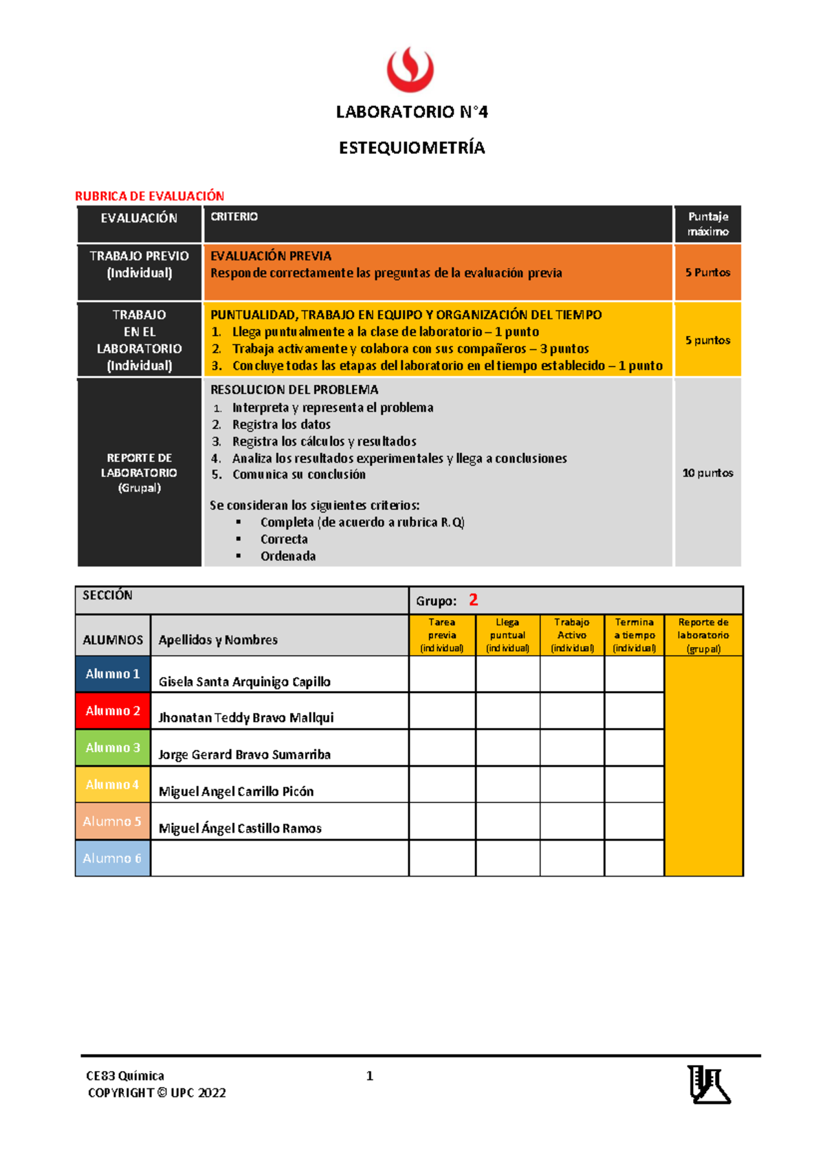Laboratorio 04 G02A - Estequiometría - CE83 Química 1 LABORATORIO N° 4 ESTEQUIOMETRÍA RUBRICA DE ...