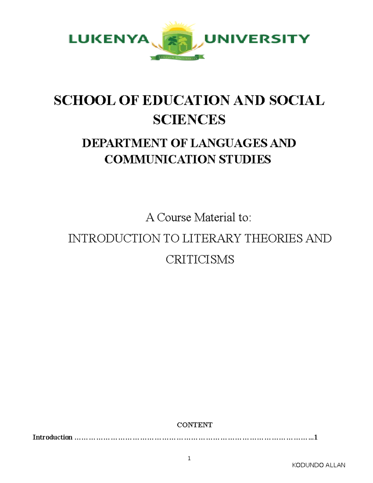 Literary Criticism Lecture Notes - SCHOOL OF EDUCATION AND SOCIAL ...