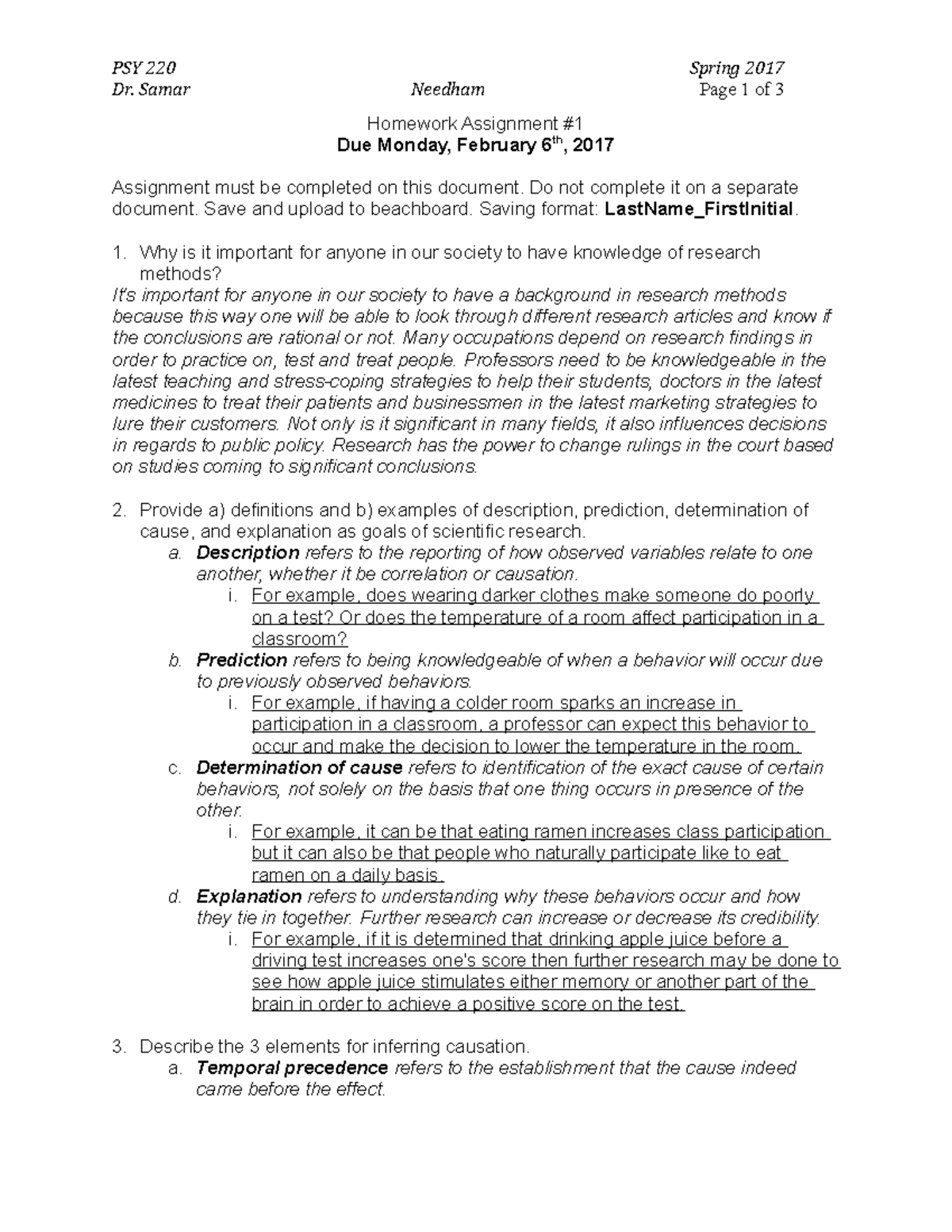 PSY 220: Assignment 1 - PSY 220 Spring 2017 Dr. Samar Needham Page 1 of ...