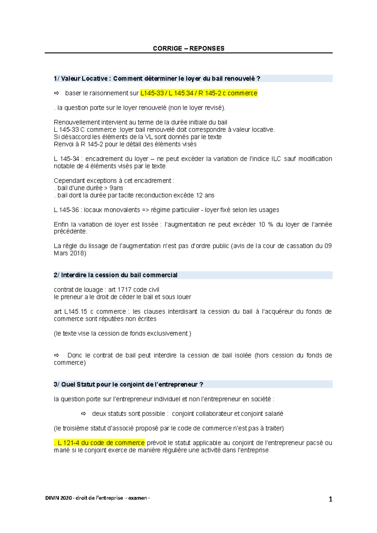 Exam 2020 corrigé - 1/ Valeur Locative : Comment déterminer le loyer du ...