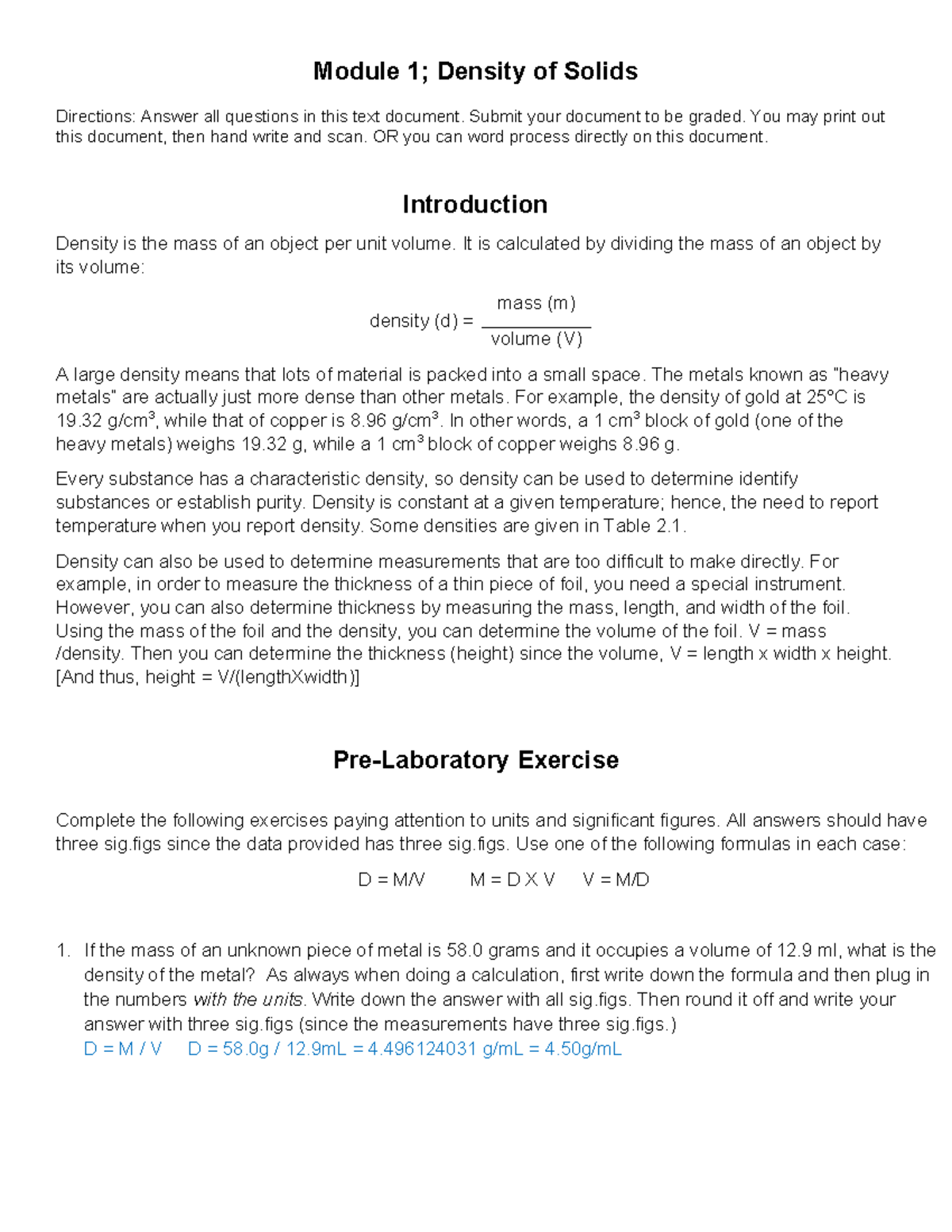 Module 1 Density of Solids - Module 1; Density of Solids Directions: Answer all questions in ...