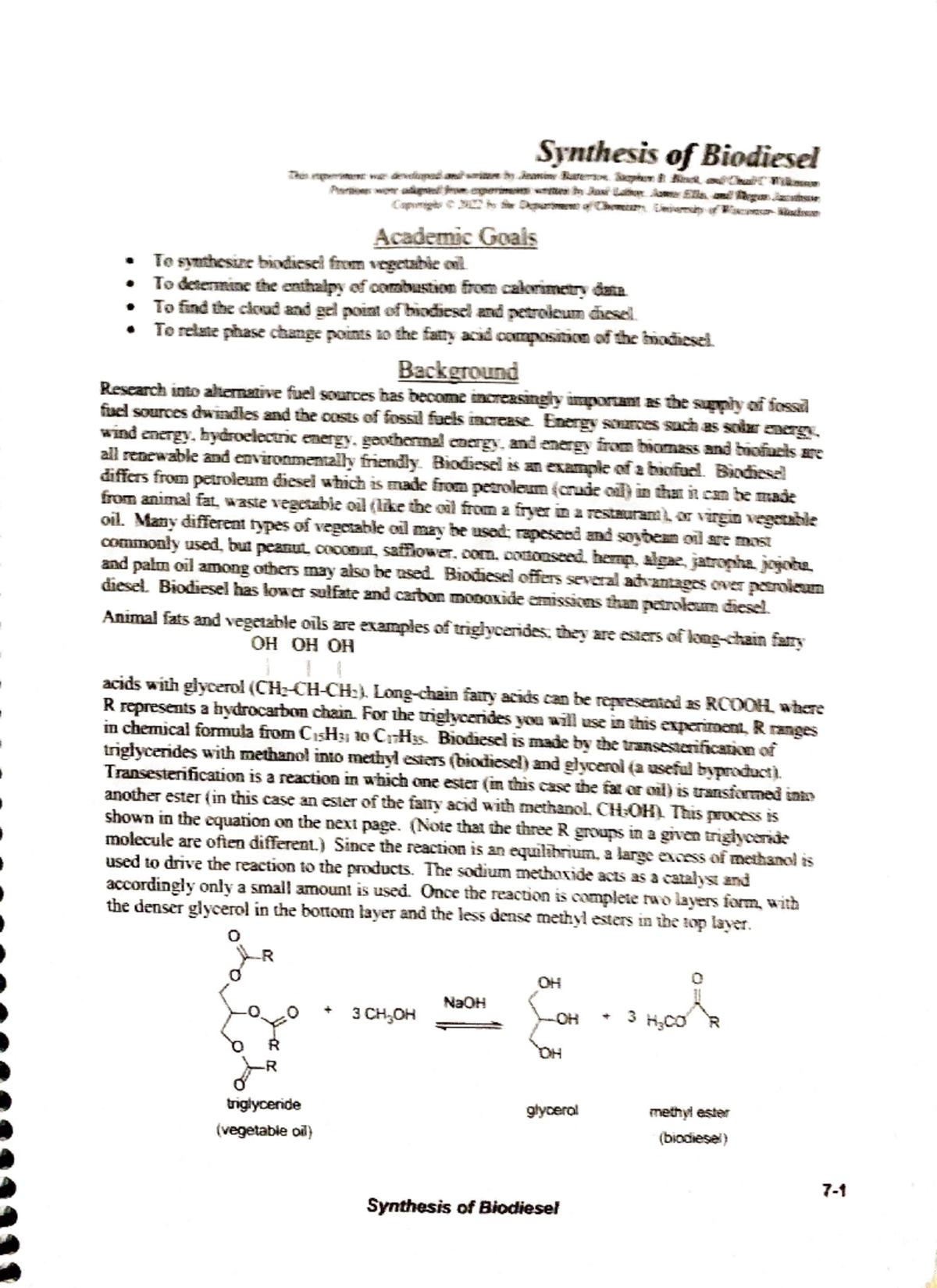 Lab 7: Synthesis of Biodiesel - Synthesis of Biodiesel The Seaning ...