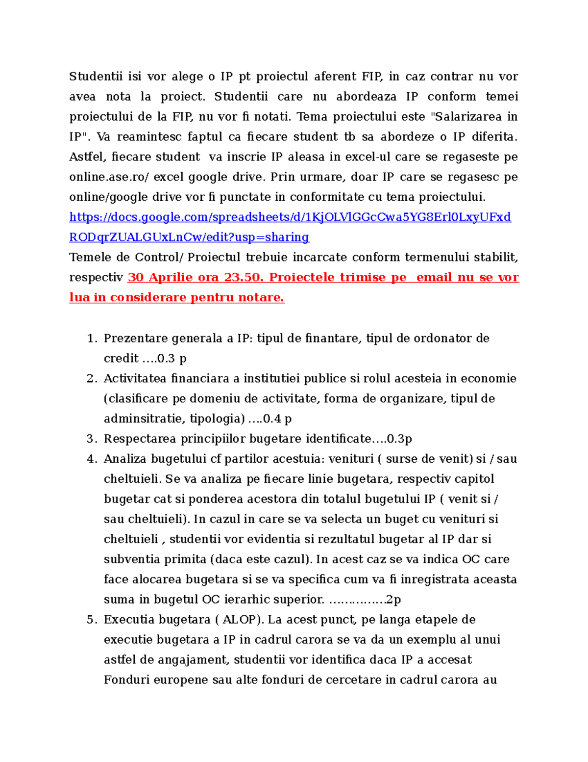 Cerinte proiect FIP - sdfcer - Studentii isi vor alege o IP pt proiectul aferent FIP, in caz ...