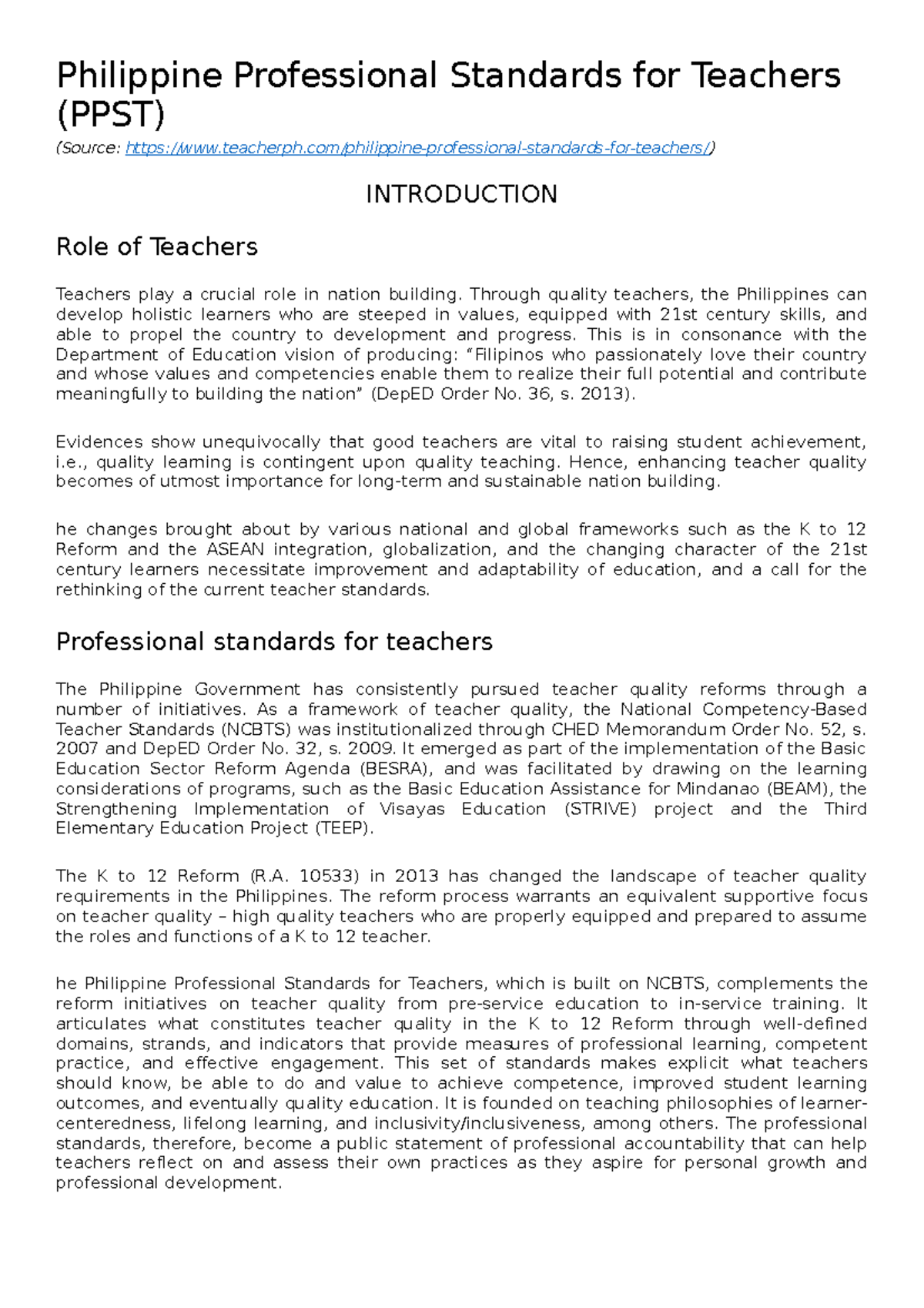 Philippine Professional Standards for Teachers - Philippine ...