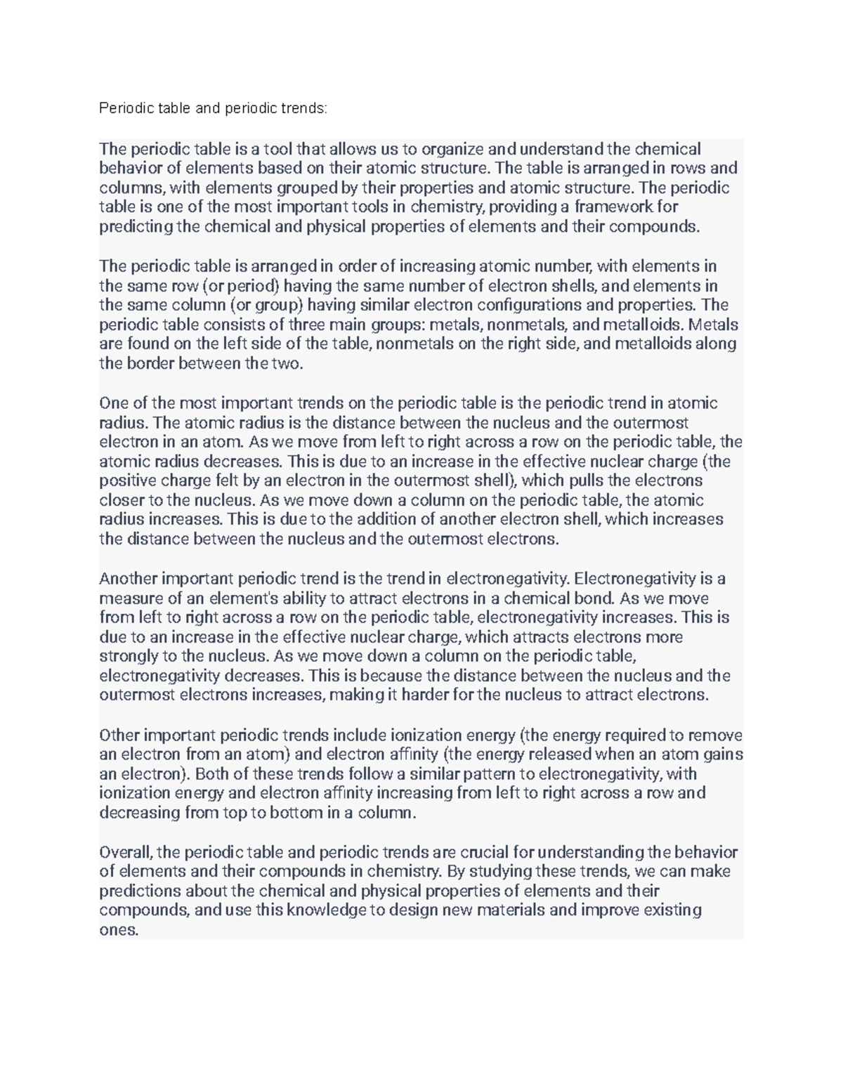 notes on Periodic table and periodic trends - Periodic table and ...