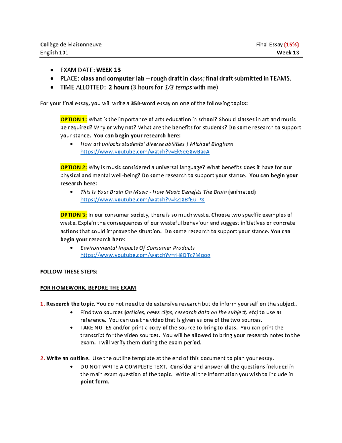 101 Final Exam Writing - prep exam - Collège de Maisonneuve Final Essay ...
