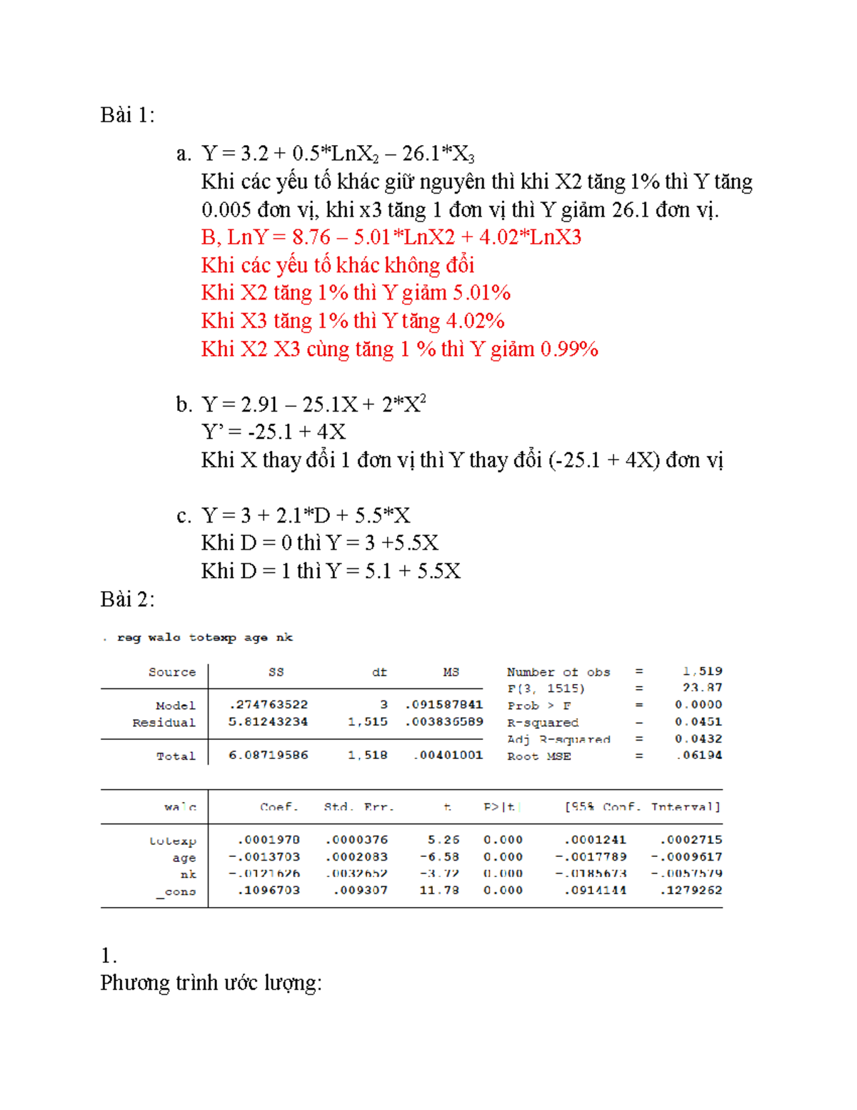 A46074 Le Thi Kieu Linh - dhgh - Bài 1: a. Y = 3 + 0LnX 2 – 26X 3 Khi ...