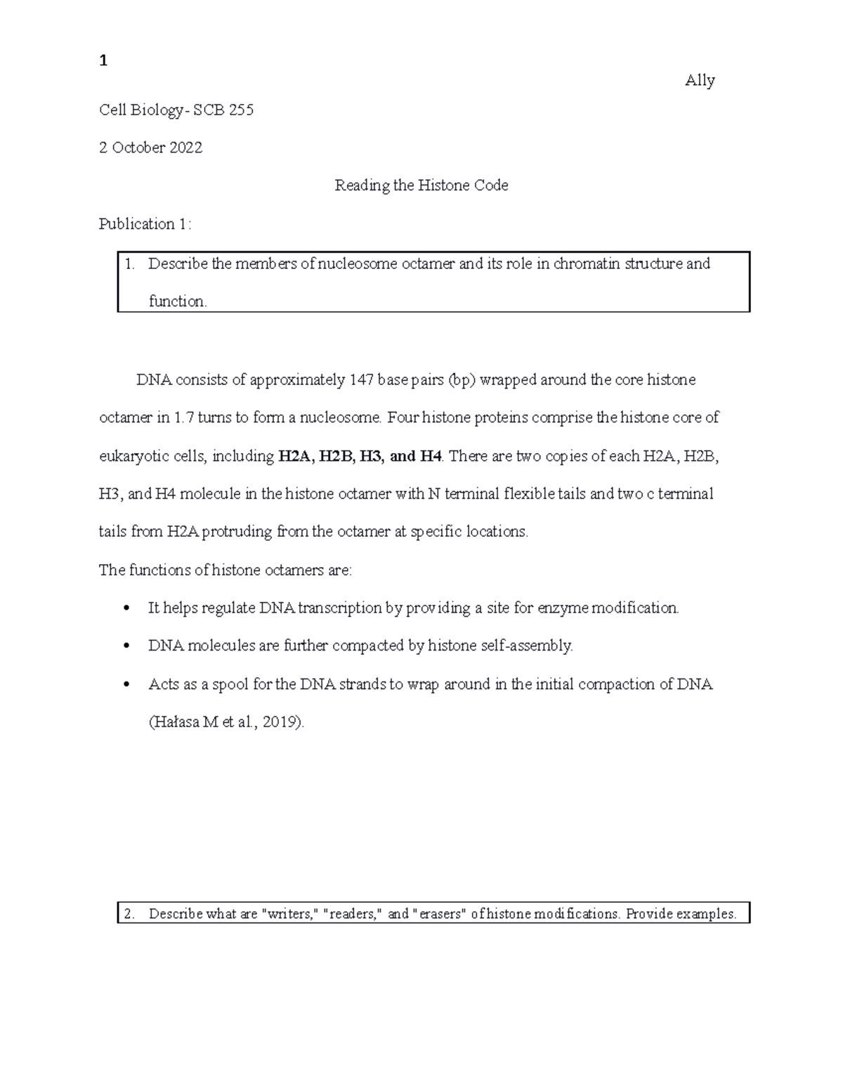 Reading the Histone Code Assignment 1 - Ally Cell Biology- SCB 255 2 ...
