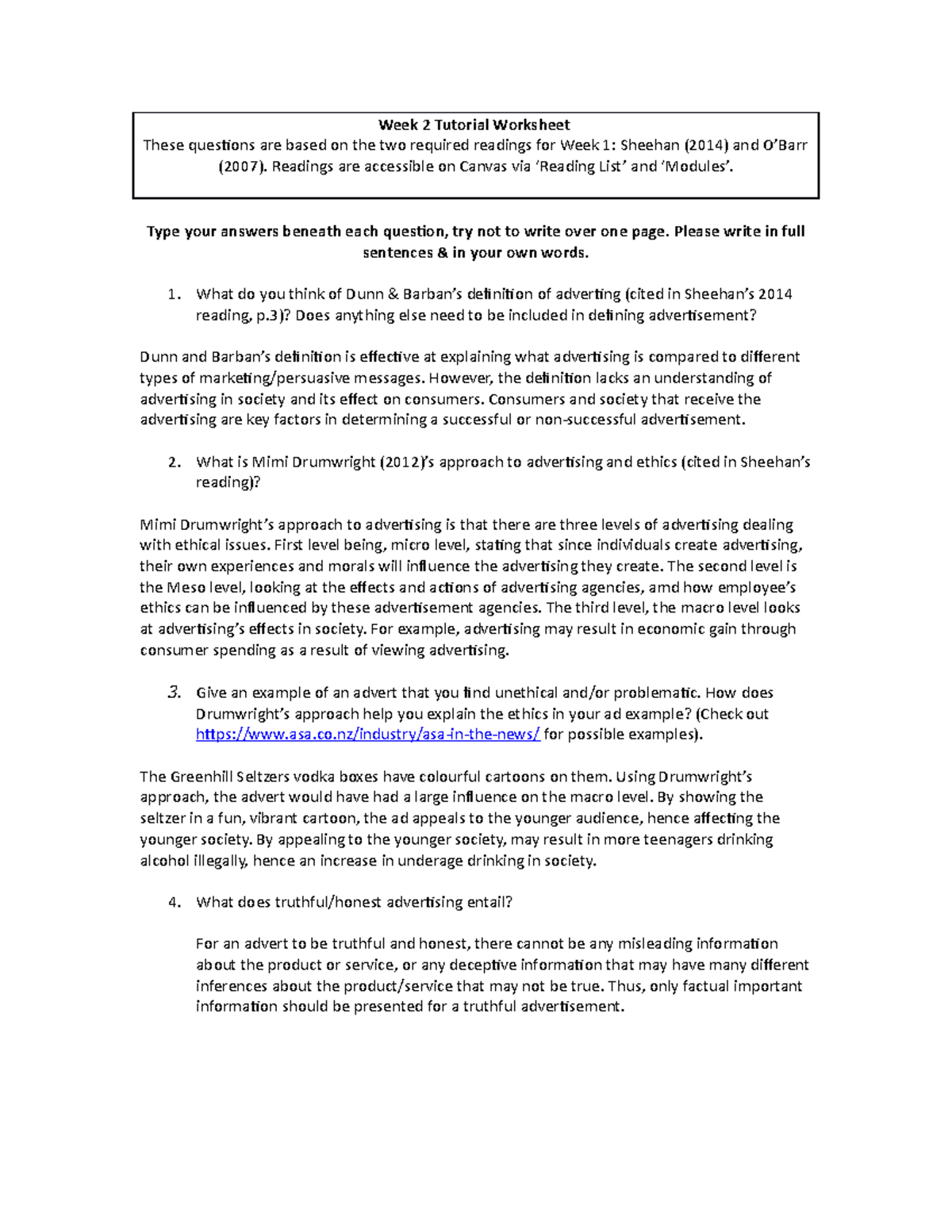 Comms 104 G Worksheet for Week 2 tutorial - Week 2 Tutorial Worksheet These questions are based ...