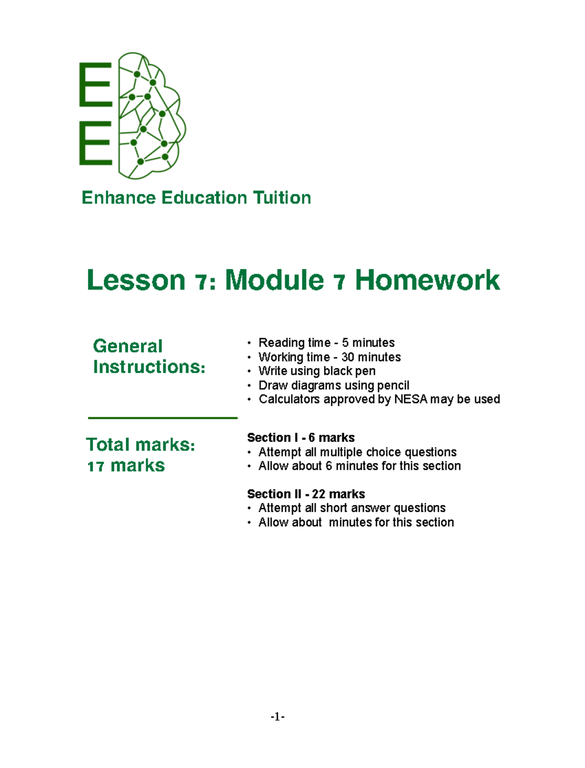Module 7 homework lesson 07 SAT - Enhance Education Tuition - 1- Lesson 7: Module 7 Homework ...