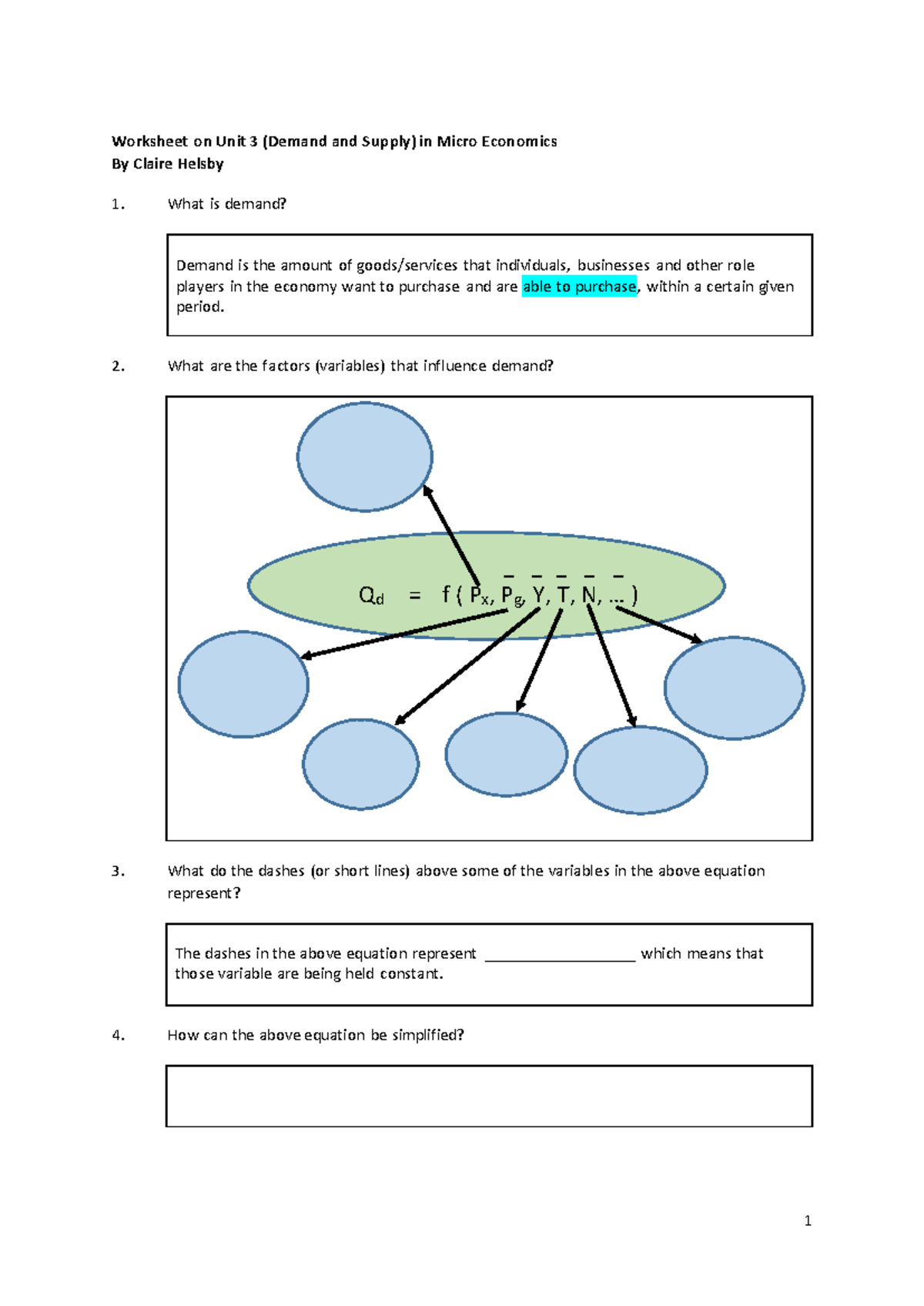 Worksheet on Unit 3 Micro - Blank AND MEMO - Worksheet on Unit 3 (Demand and Supply) in Micro ...