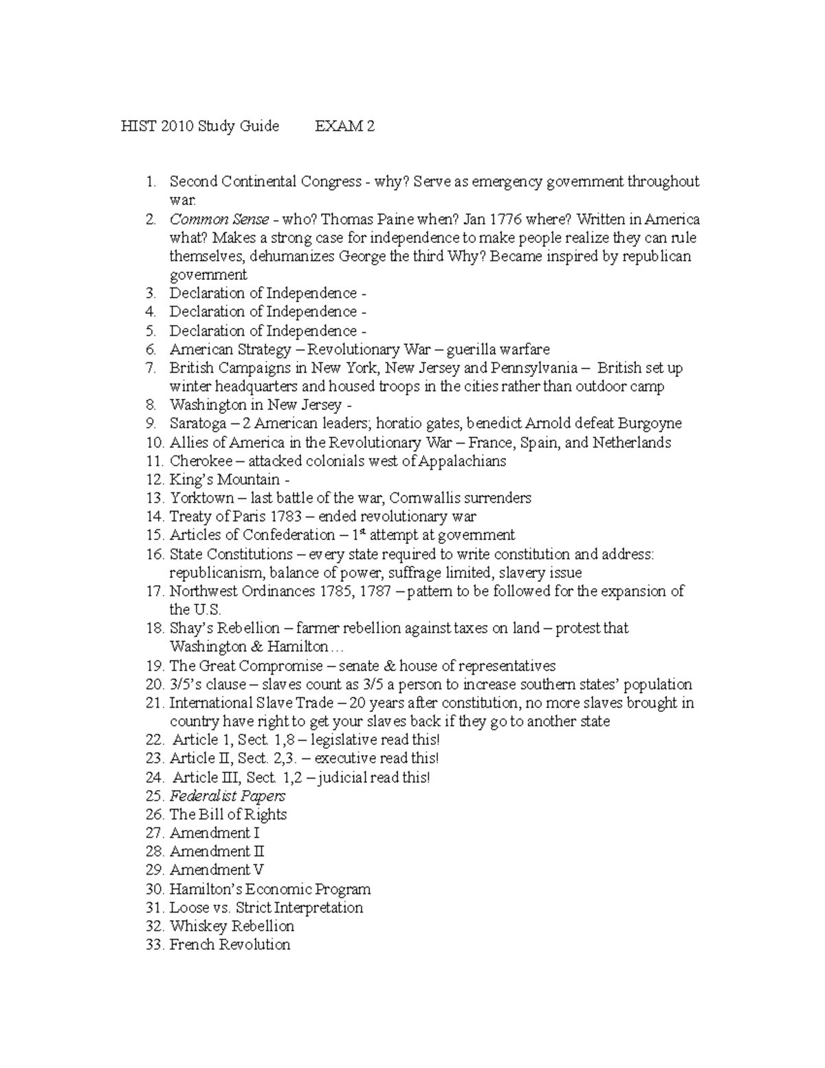 History Notes 2 - HIST 2010 Study Guide EXAM 2 1. Second Continental ...