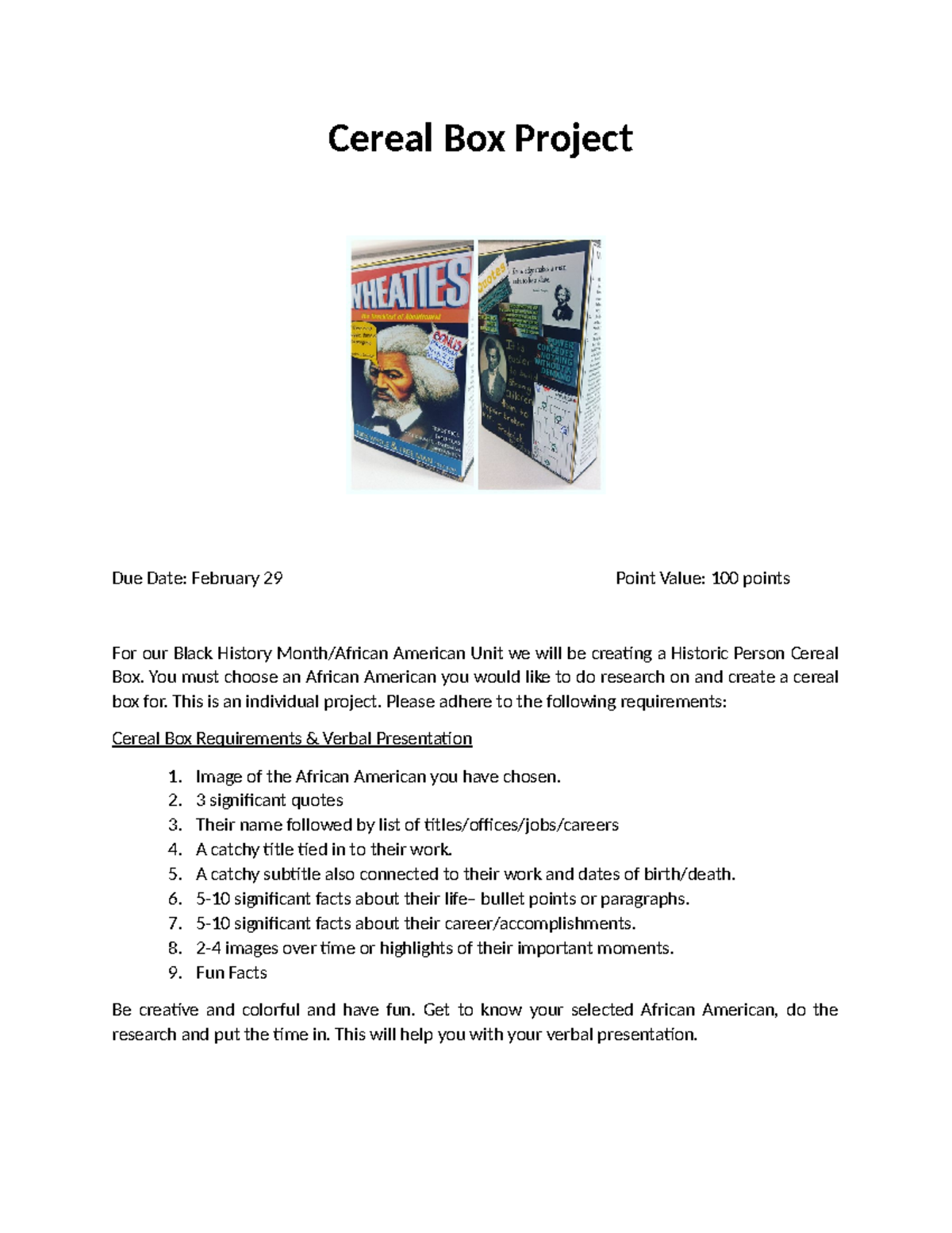 Cereal Box Project - work - Cereal Box Project Due Date: February 29 ...