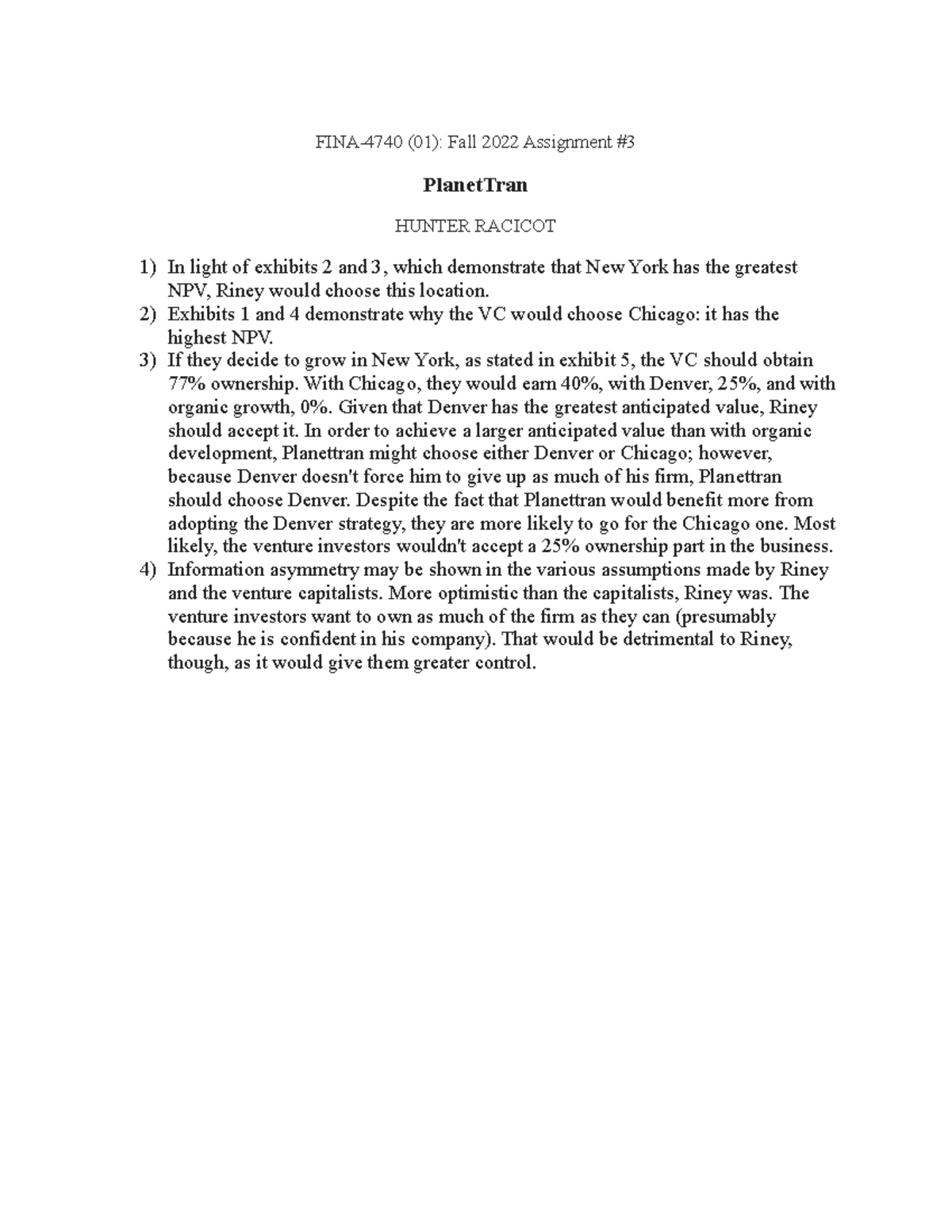FINA-4740 (01) Fall 2022 Assignment #3 - FINA-4740 (01): Fall 2022 Assignment # PlanetTran ...