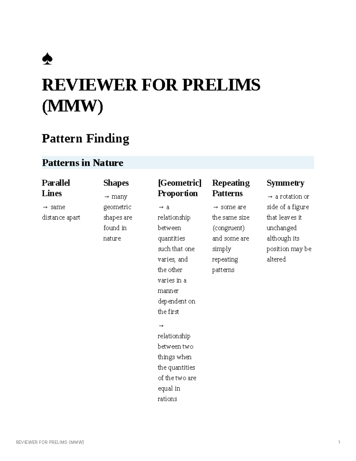 MMW Pattern Finding - ♠ REVIEWER FOR PRELIMS (MMW) Pattern Finding Patterns in Nature Parallel ...