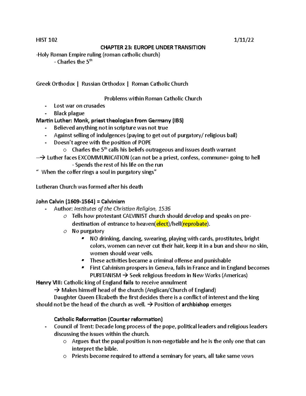 HIST 102 CH 23docx - lecture notes - HIST 102 1/11/ CHAPTER 23: EUROPE ...