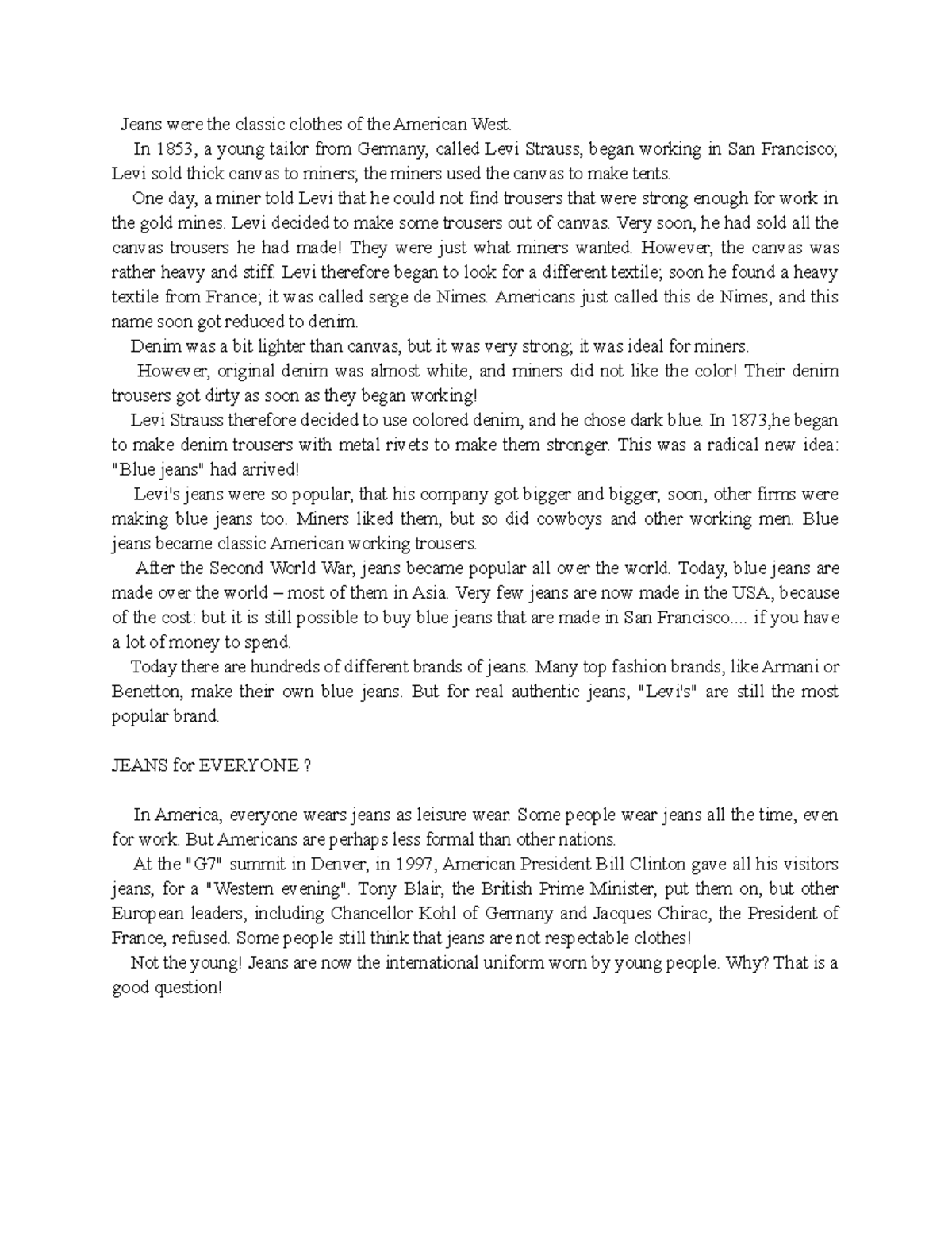 Short story denim reading activity with questions - Jeans were the ...