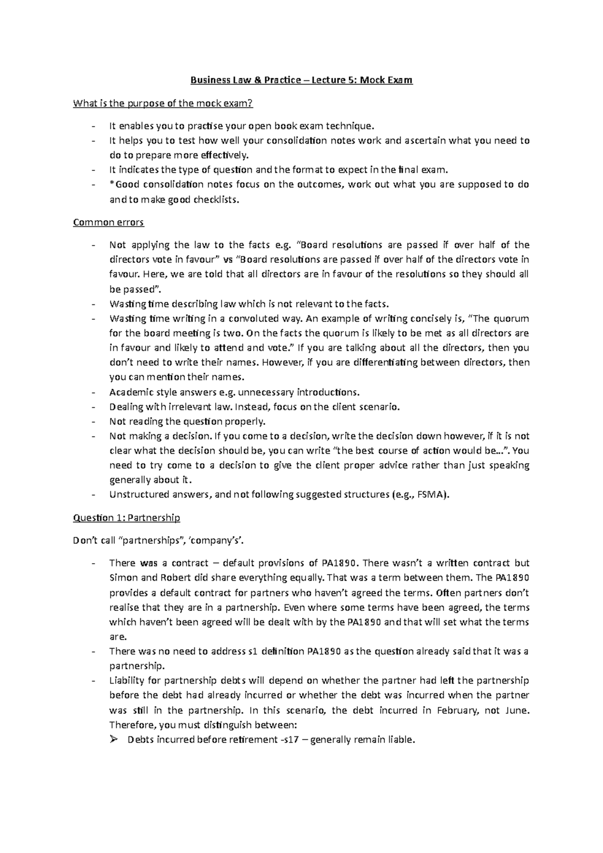 Business Law & Practice Lecture 5 - Mock Exam - Business Law & Practice ...