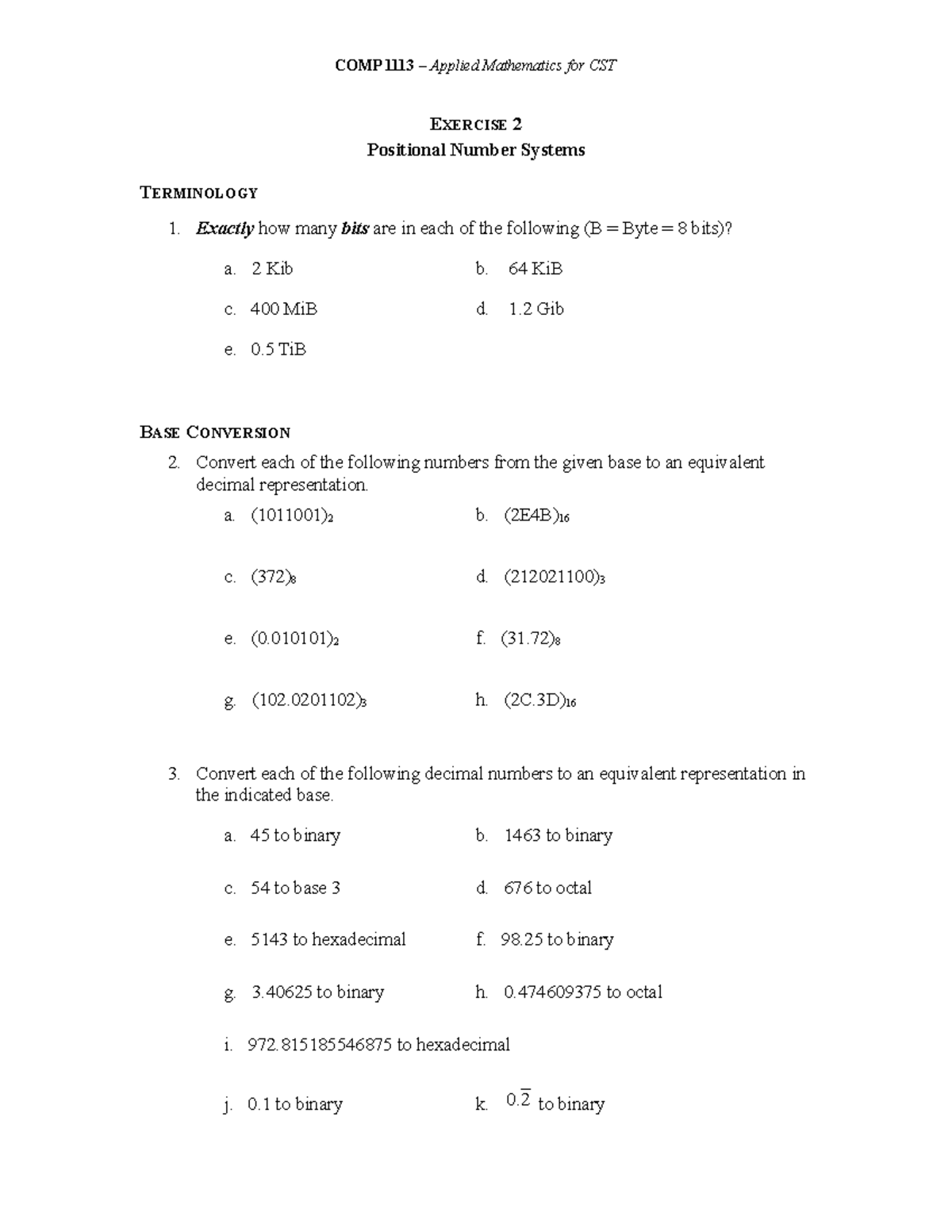 Exercise 02 - Positional Number Systems - COMP 1113 – Applied ...