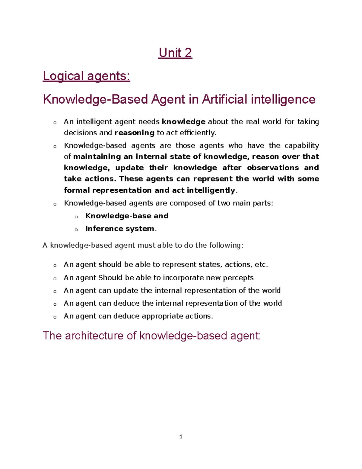 Aiml Unit 2 - notes - Unit 2 Logical agents: Knowledge-Based Agent in ...