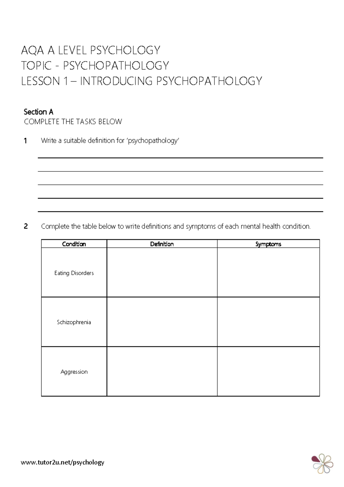 psychopathology Lesson Activity Sheet - AQA A LEVEL PSYCHOLOGY TOPIC ...