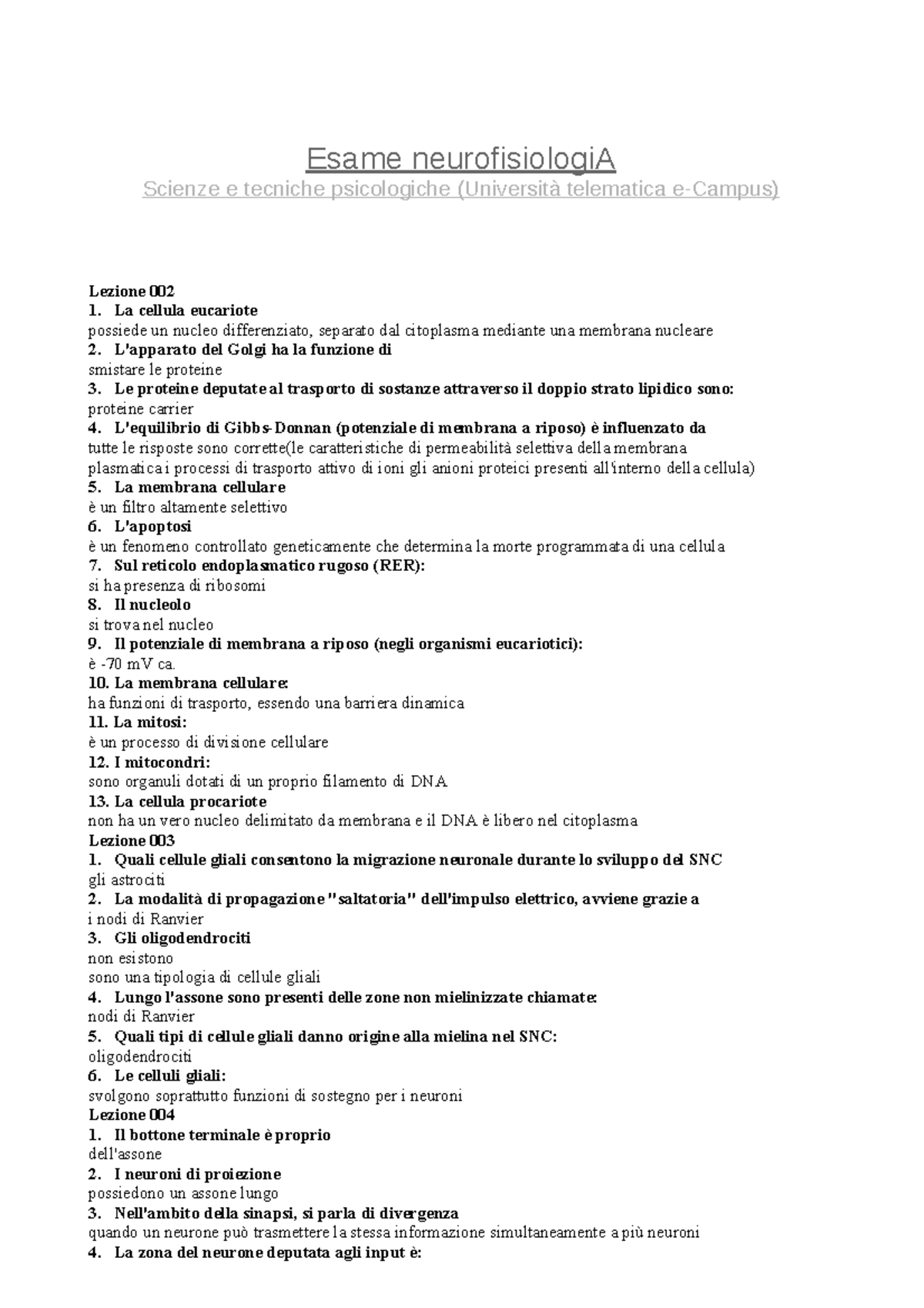 Esame neurofisiologia (scienze e tecniche psicologiche) Ecampus - Esame ...