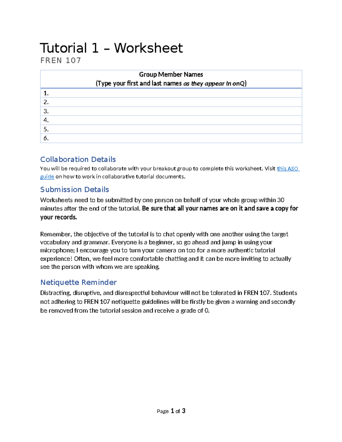 FREN 107 - Tutorial 1 Worksheet - Tutorial 1 – Worksheet FREN 107 Group Member Names (Type your ...