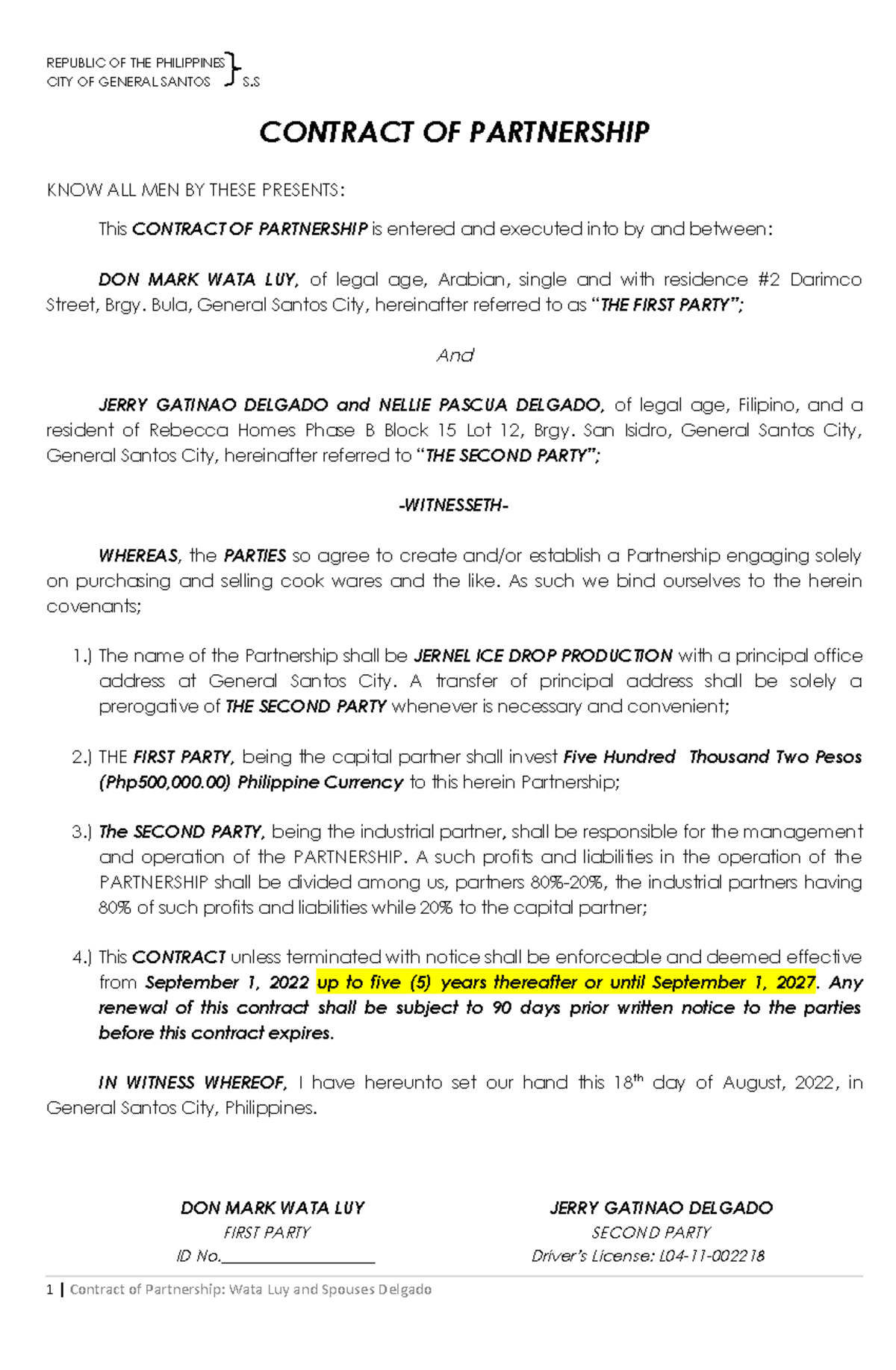 Contract OF Partnership - REPUBLIC OF THE PHILIPPINES CITY OF GENERAL ...