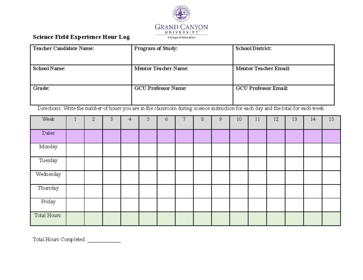 ELM 361 Science Field Experience Hour Log and Reflections - Science ...