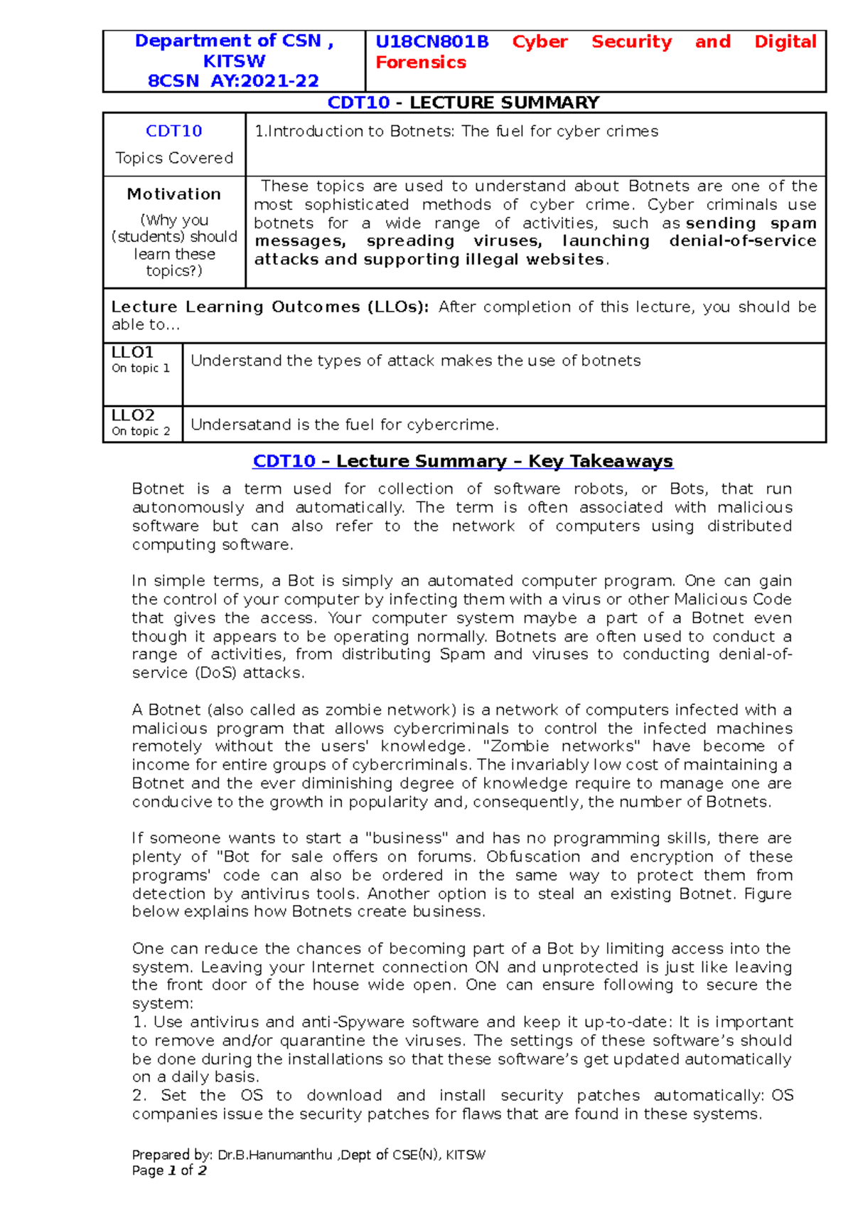 CSDF week 4 CDT10 - Ghgcx - Department of CSN , KITSW 8CSN AY:2021- U18CN801B Cyber Security and ...