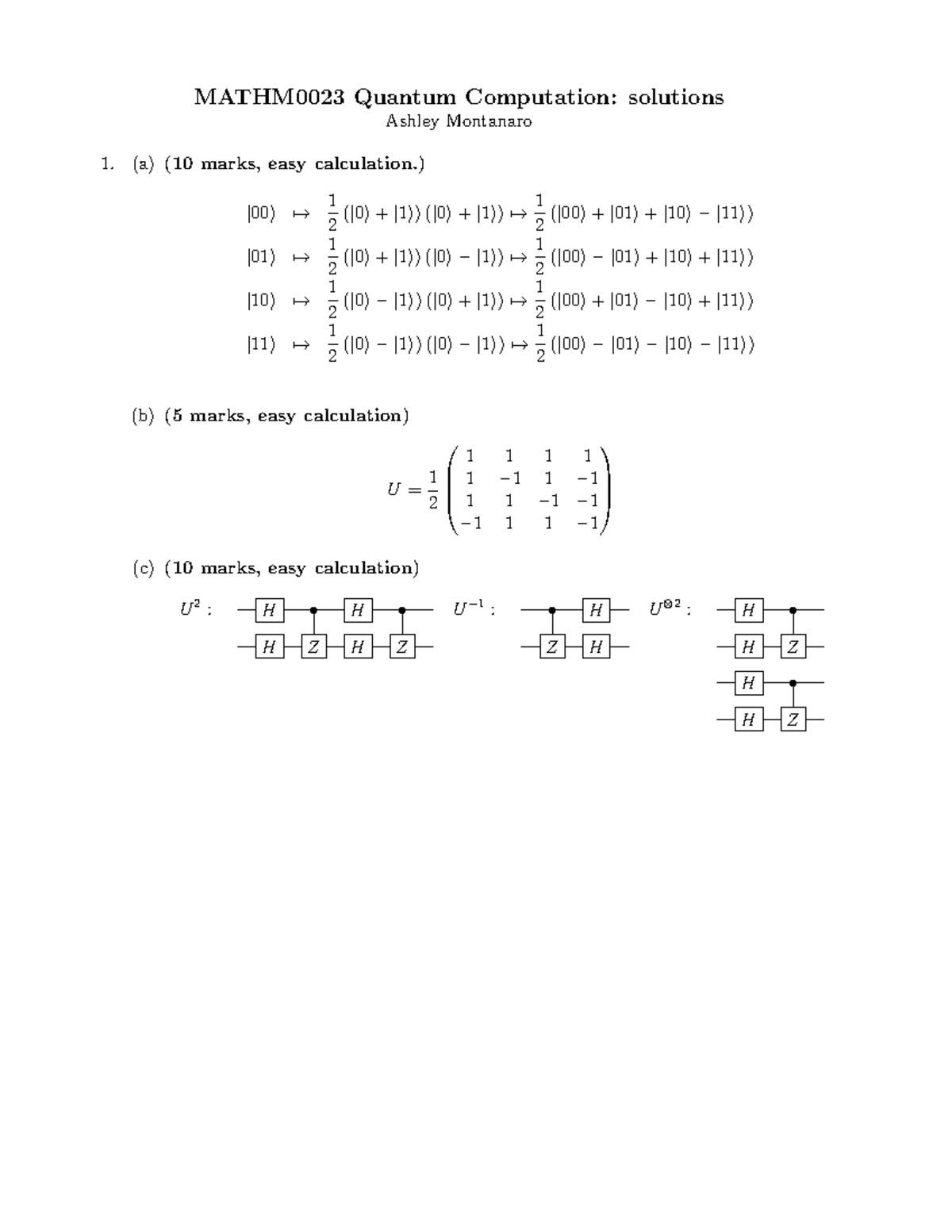 MATHM0023 Quantum Computation Solutions - MATHM0023 Quantum Computation: solutions Ashley ...