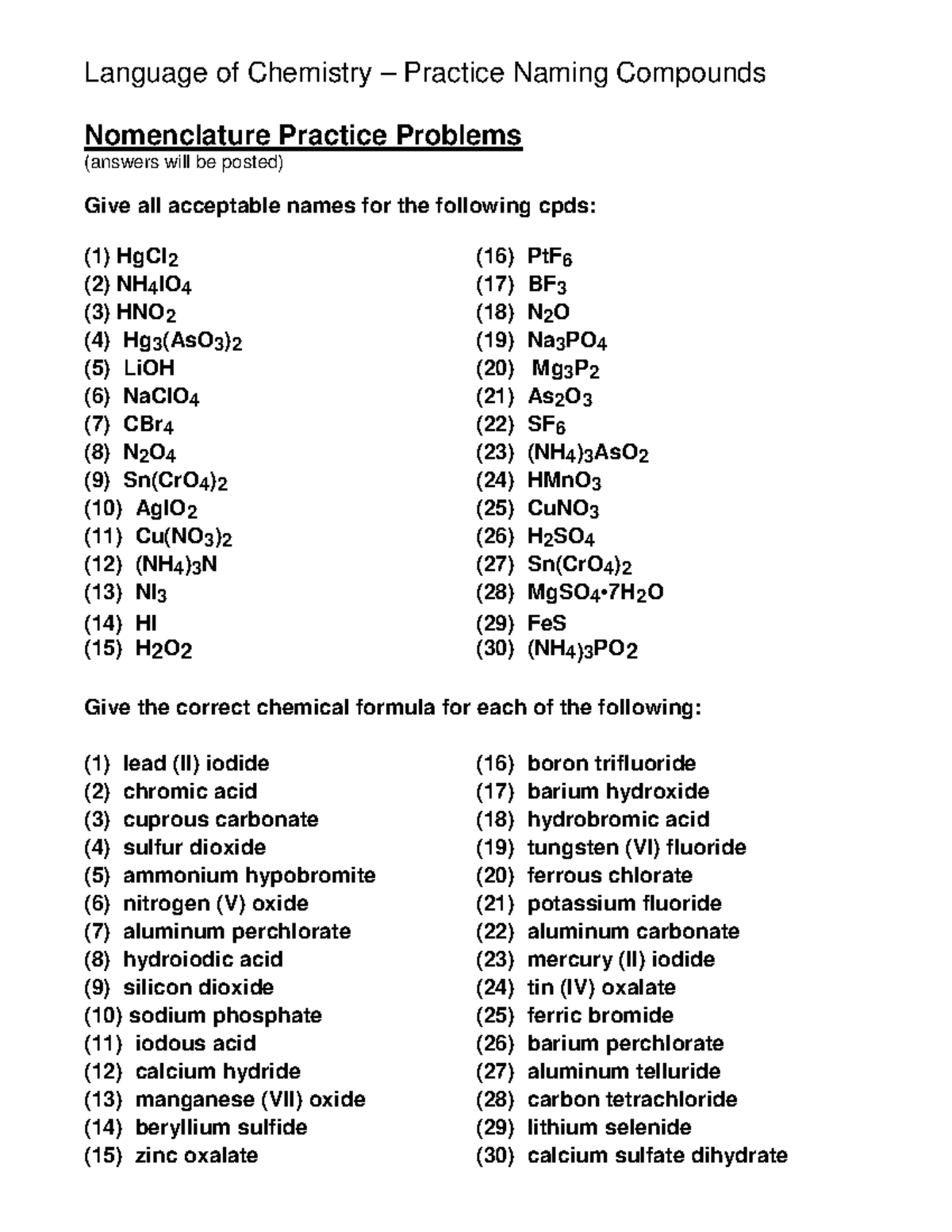 Practice Naming Compounds - Lauguage of Chemistry - Calculo vectorial ...
