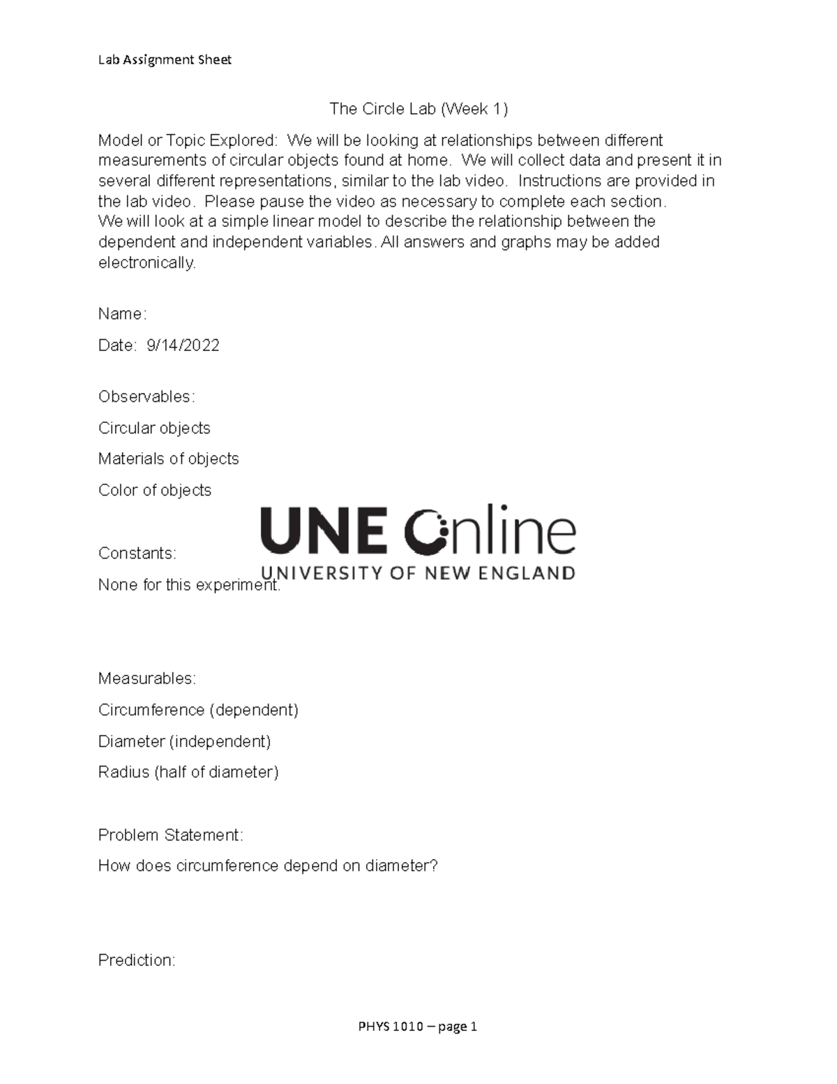 Lab 1 - The Circle Lab - week 1 lab report - The Circle Lab (Week 1) Model or Topic Explored: We ...