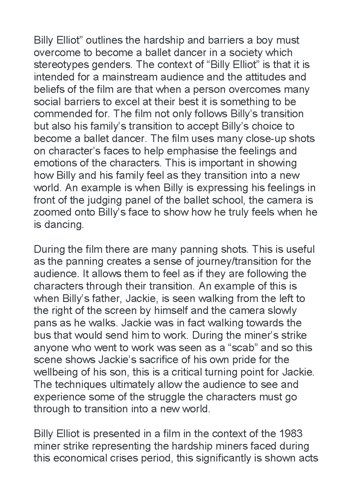Billy Eliot Module - Analysis - Billy Elliot” outlines the hardship and ...