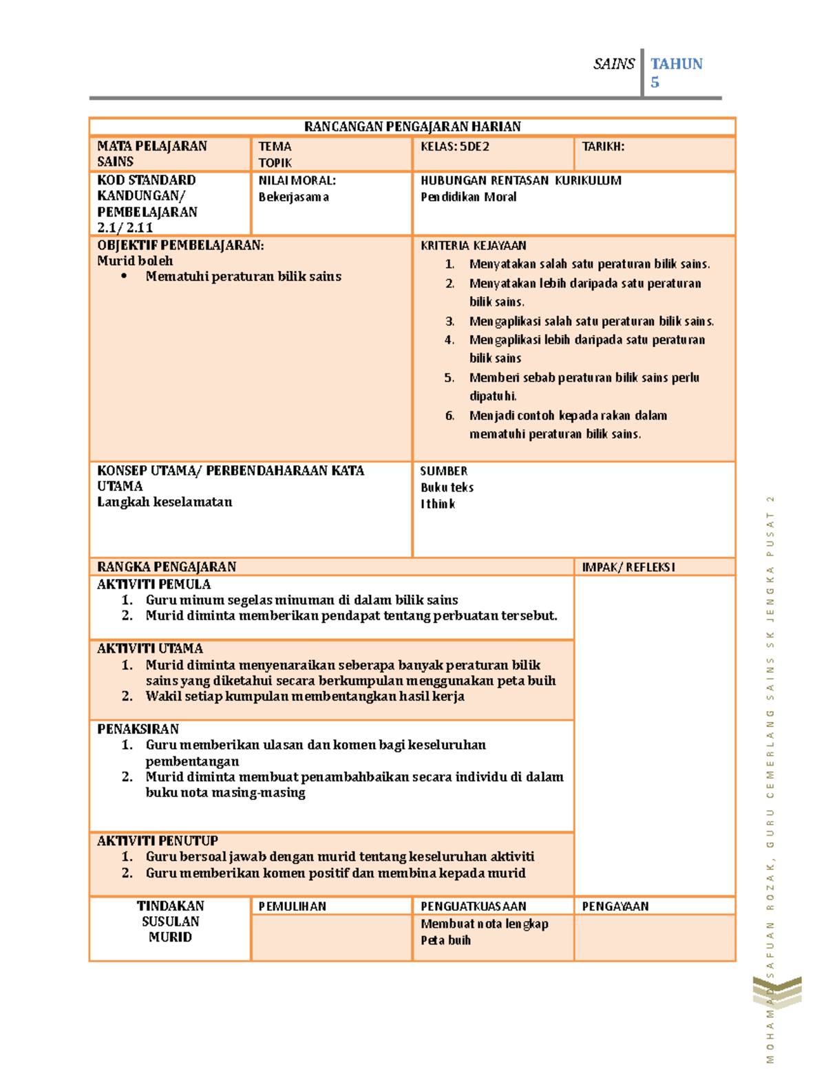 RPH Sains THN 5 Setahun - Science lesson plan - 5 RANCANGAN PENGAJARAN ...