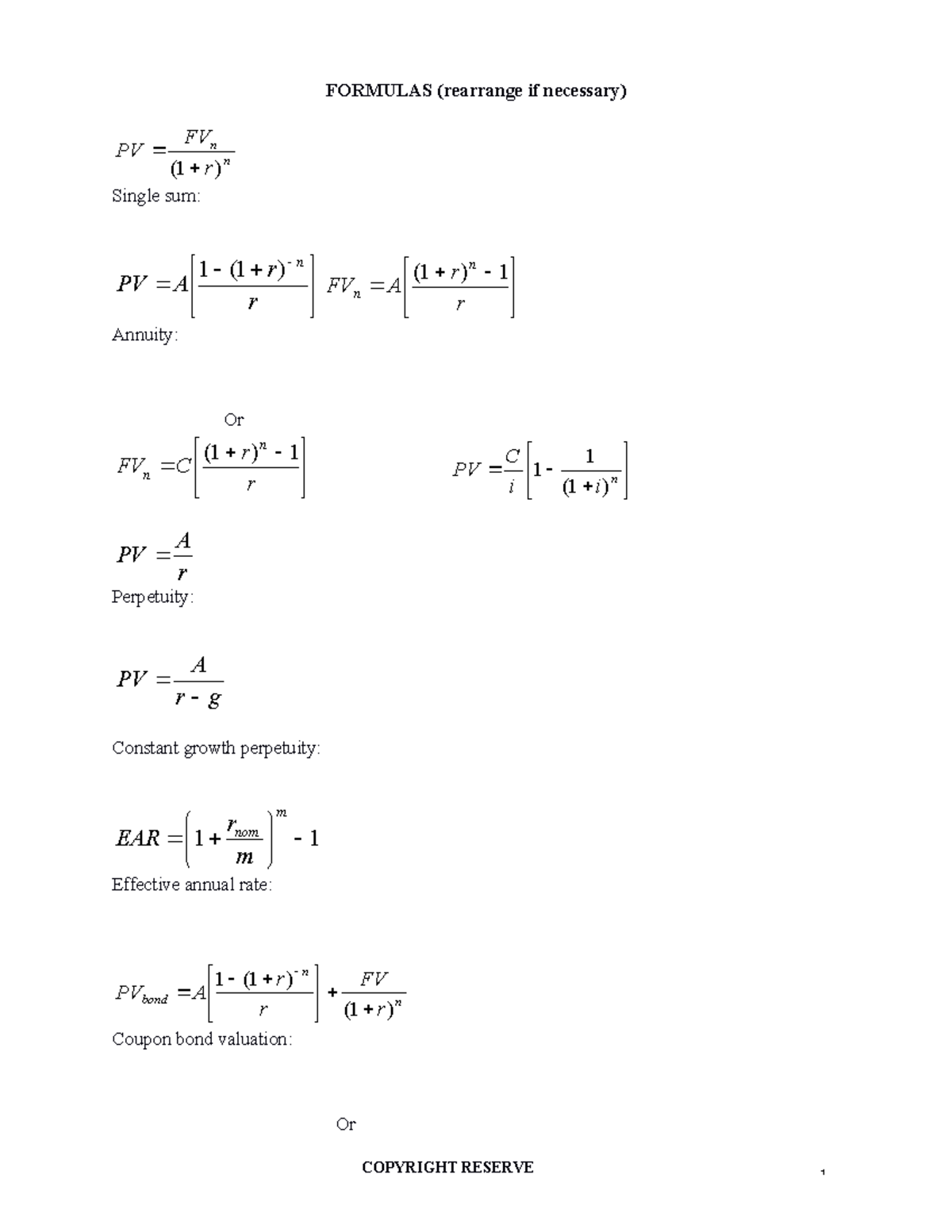 Formulas mid - qqqqqqqqqq - FORMULAS (rearrange if necessary) ####### n ####### n r FV PV ( 1 ...