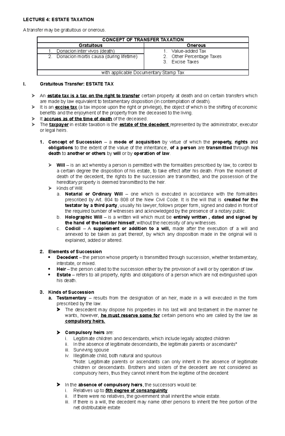 Lecture 4 - Estate Tax - A transfer may be gratuitous or onerous ...