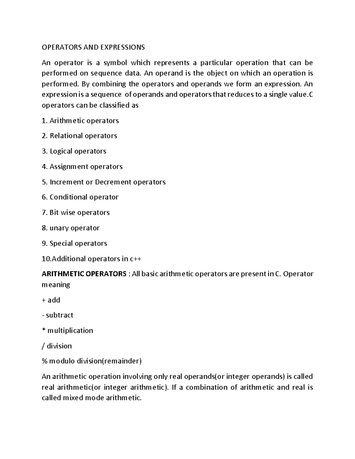 Operators and expression - OPERATORS AND EXPRESSIONS An operator is a ...